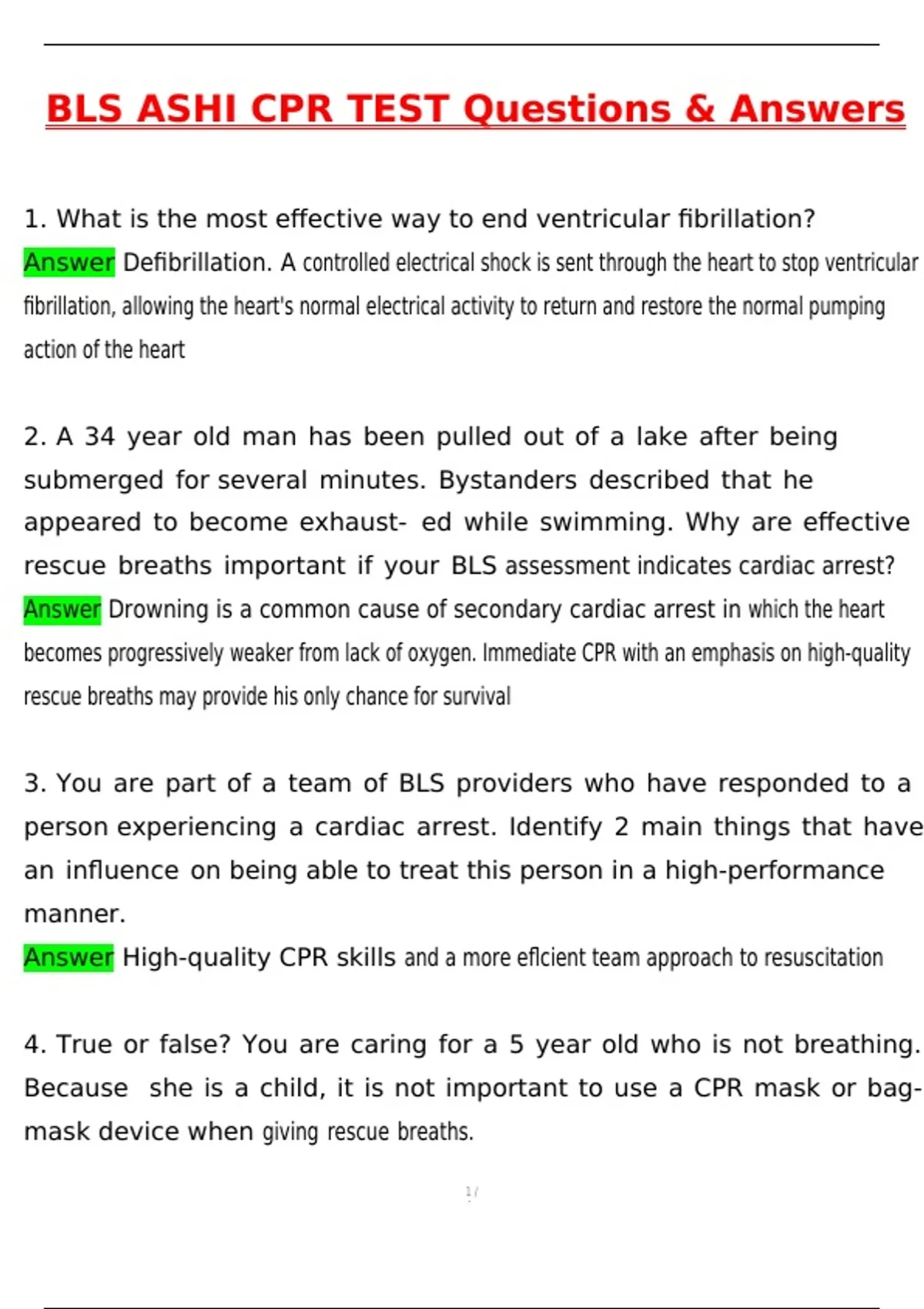 BLS ASHI CPR Test Questions 2025 Newest Updated Questions and Answers ...