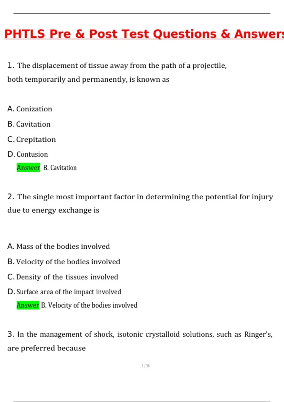PHTLS Pre & Post Test 2025 Newest Updated Questions and Correct Answers ...