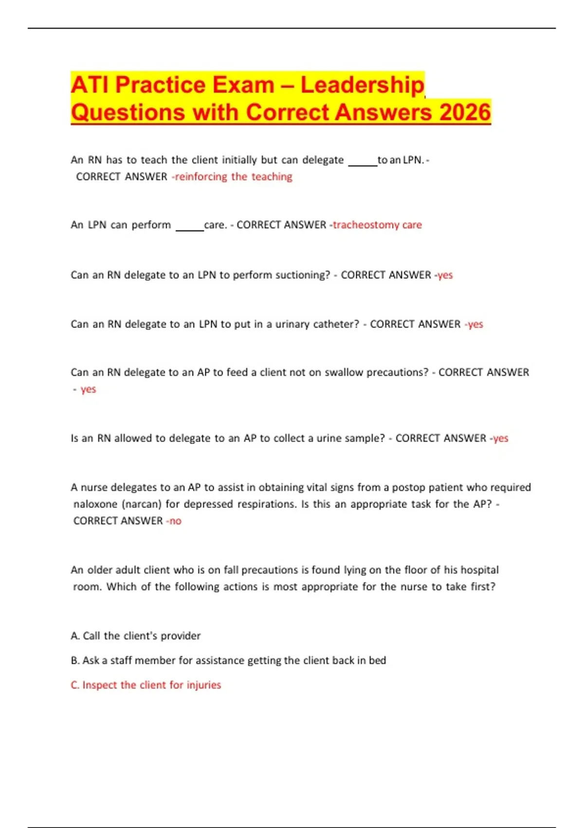 ATI Practice Exam – Leadership Questions with Correct Answers 2026 ...