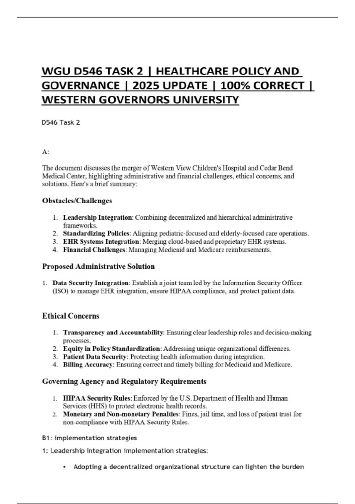 WGU D546 TASK 2 | HEALTHCARE POLICY AND GOVERNANCE | 2025 UPDATE | 100% ...