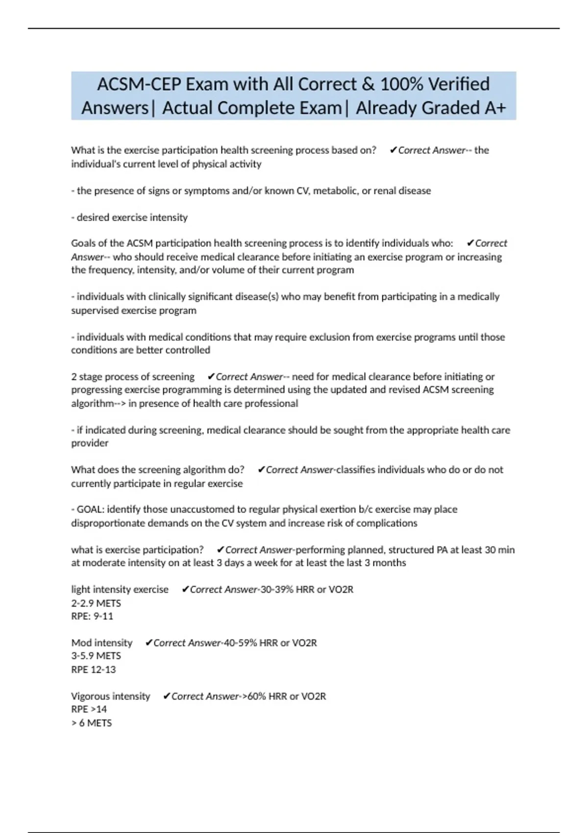 ACSM-CEP Exam with All Correct & 100% Verified Answers| Actual Complete ...