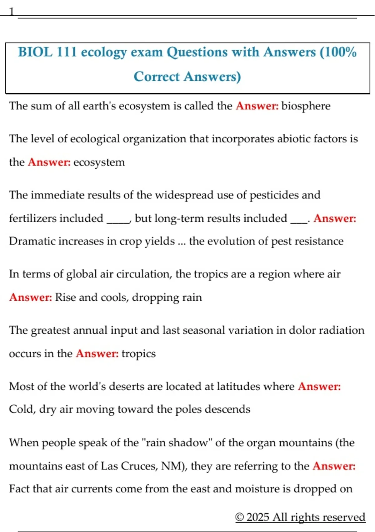 BIOL 111 ecology exam Questions with Answers (100% Correct Answers ...