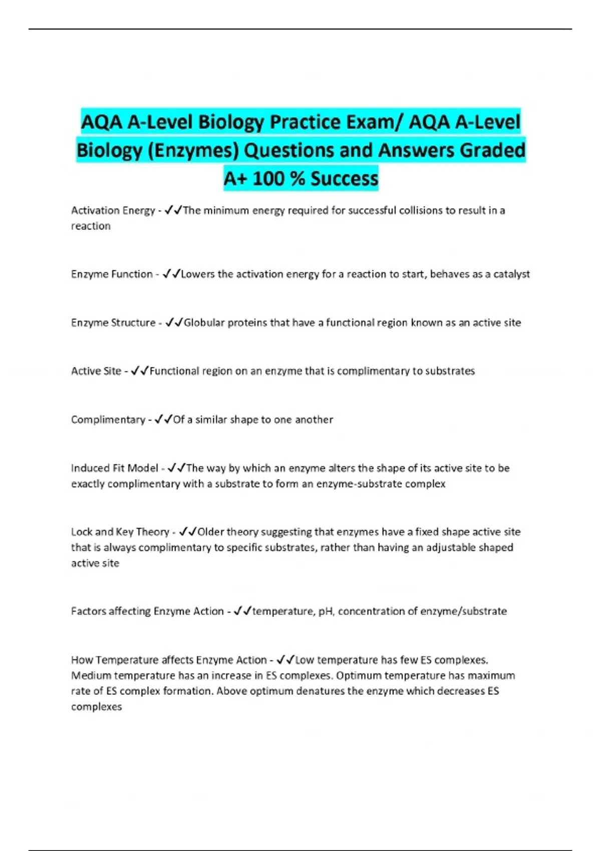 AQA A-Level Biology Practice Exam/ AQA A-Level Biology (Enzymes ...