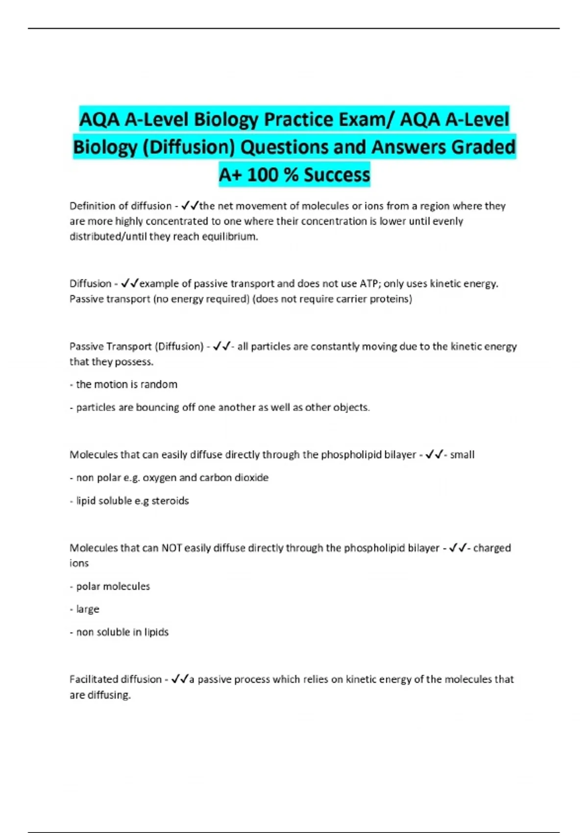 AQA A-Level Biology Practice Exam/ AQA A-Level Biology (Diffusion ...