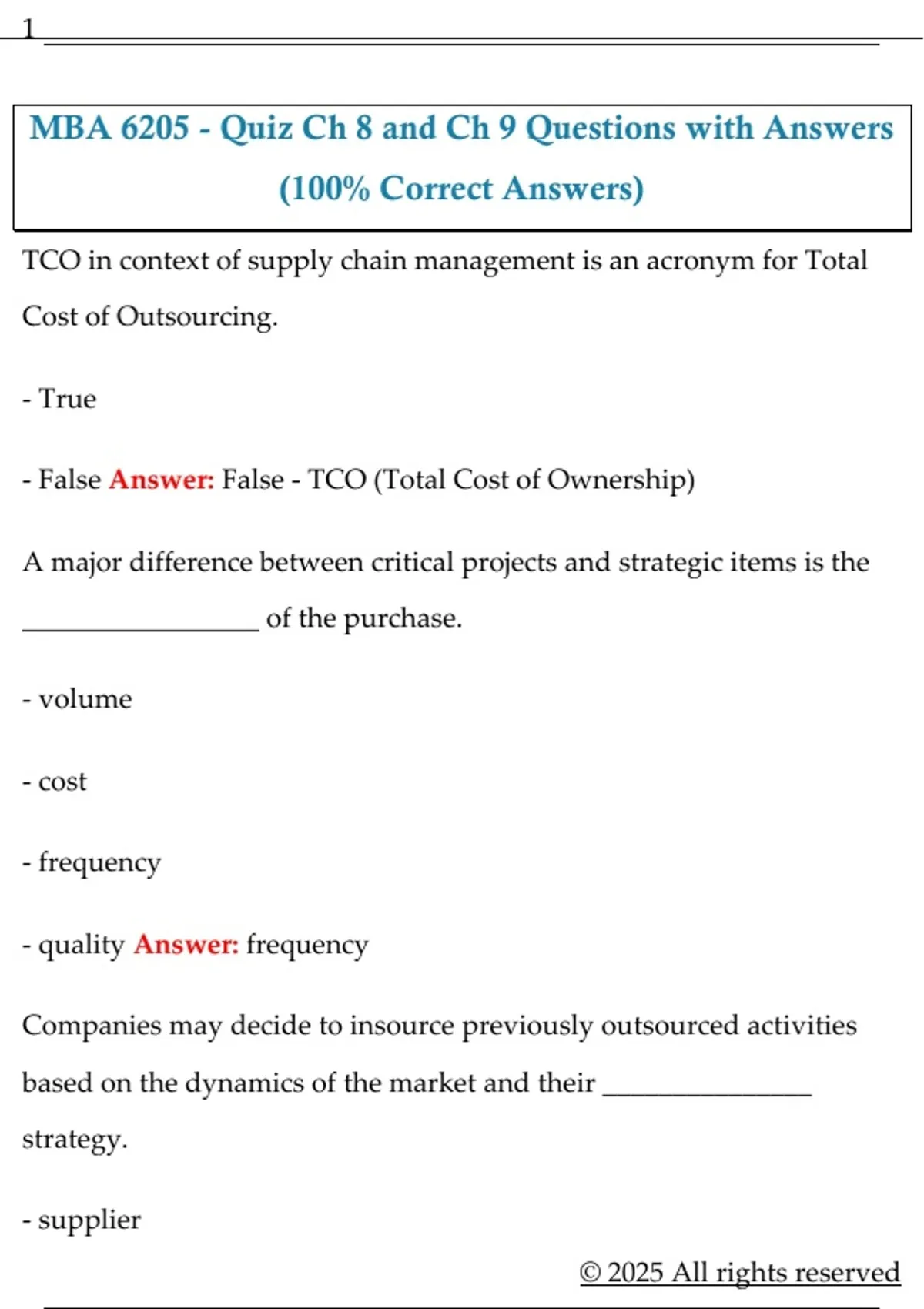 MBA 6205 - Quiz Ch 8 and Ch 9 Questions with Answers (100% Correct ...