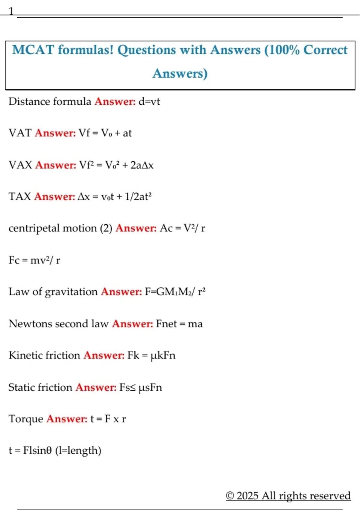 MCAT formulas! Questions with Answers (100% Correct Answers) - MCAT ...