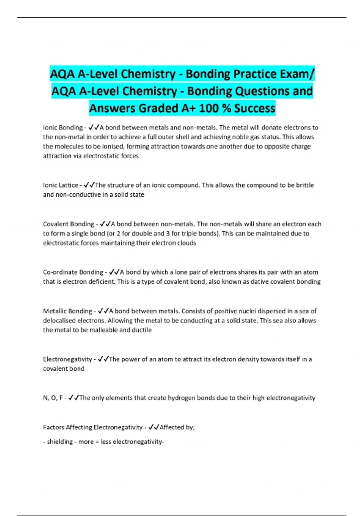 AQA A-Level Chemistry - Bonding Practice Exam/ AQA A-Level Chemistry ...