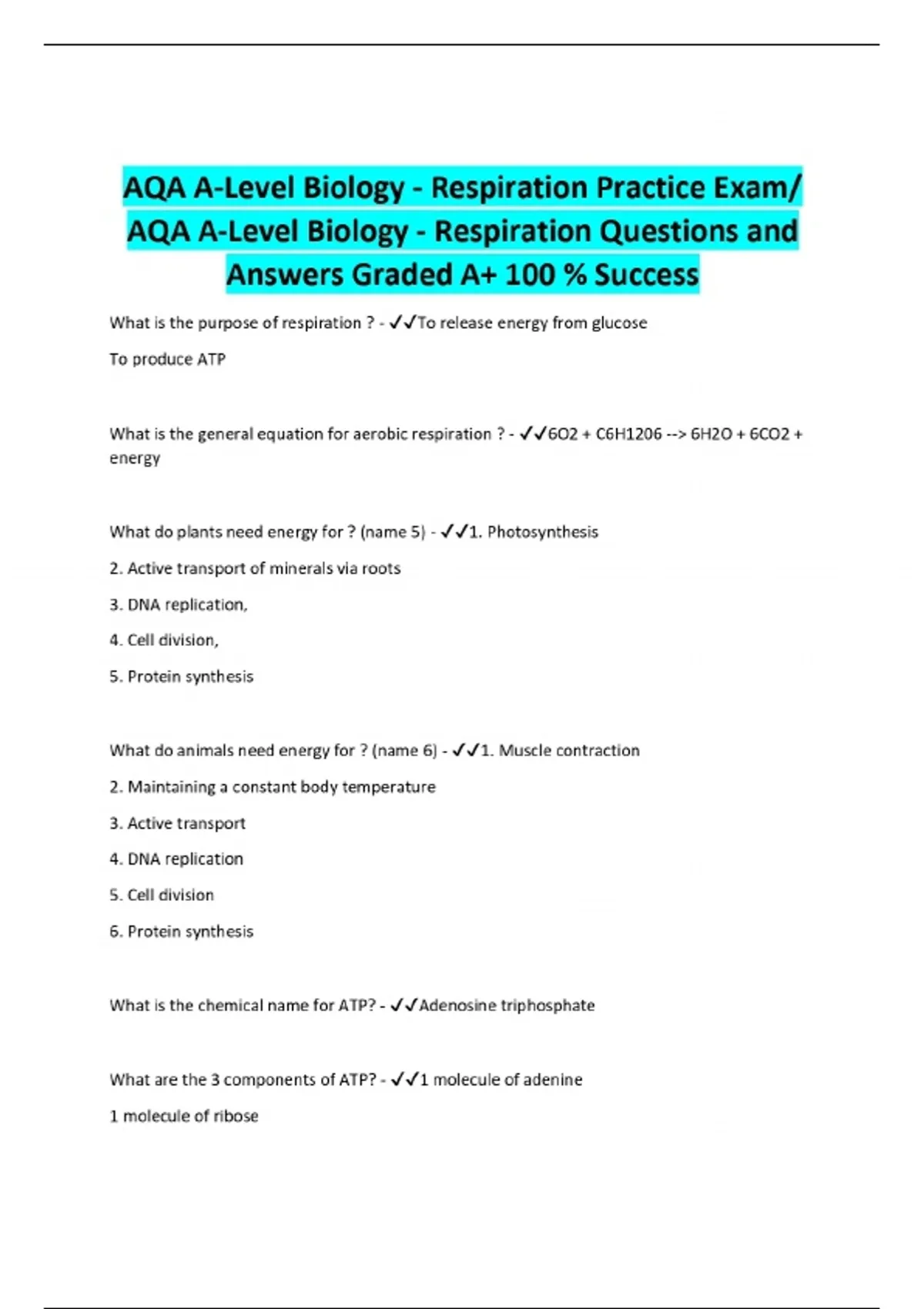 AQA A-Level Biology - Respiration Practice Exam/ AQA A-Level Biology ...