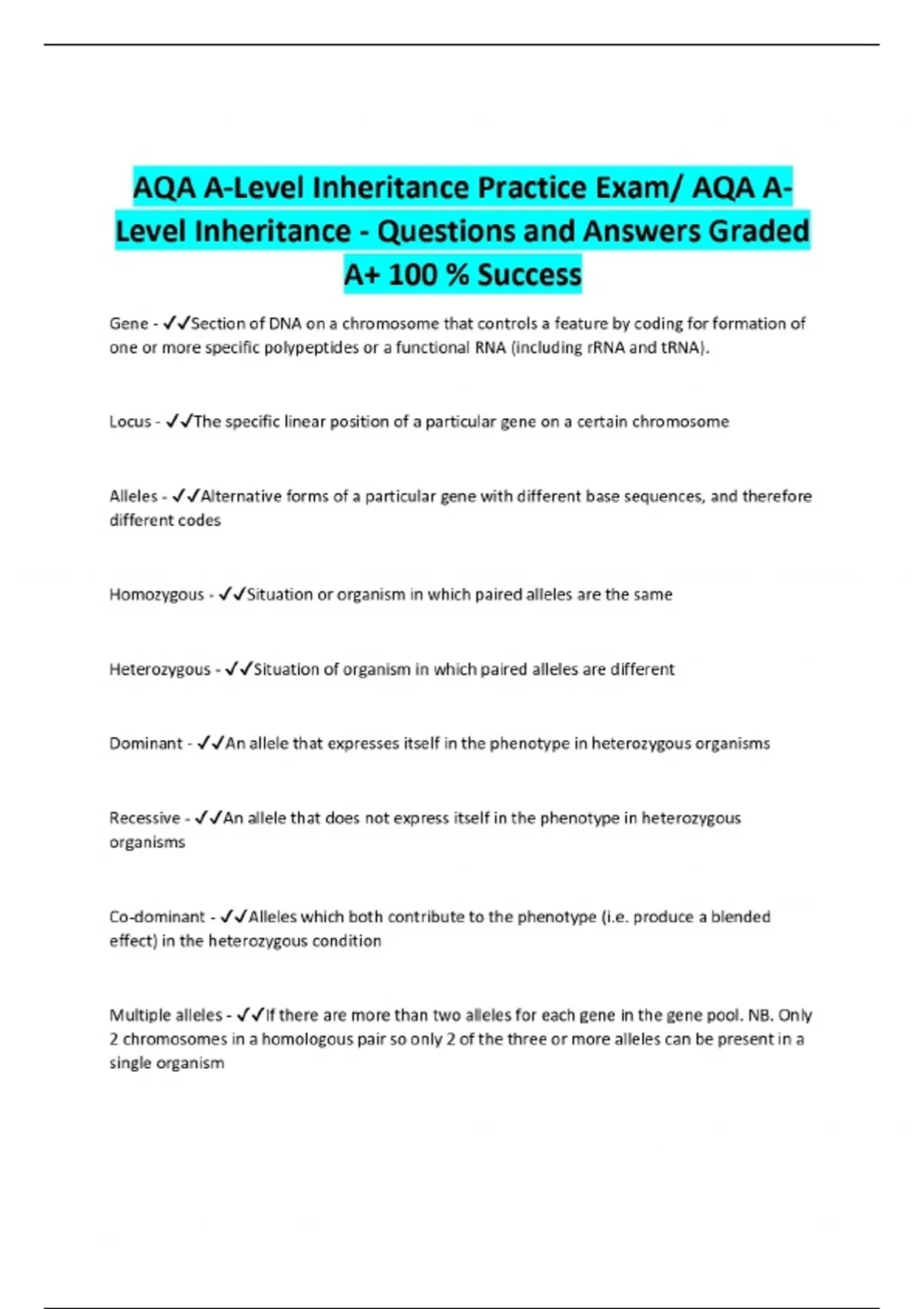 AQA A-Level Inheritance Practice Exam/ AQA ALevel Inheritance ...