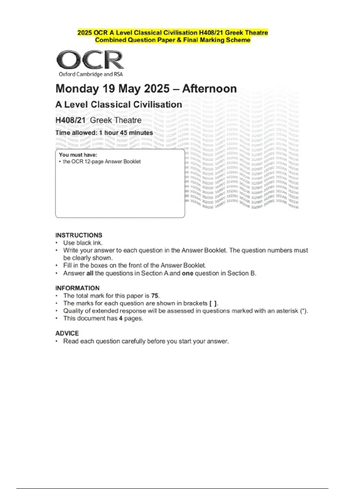 2025 OCR A Level Classical Civilisation H408/21 Greek Theatre Question ...
