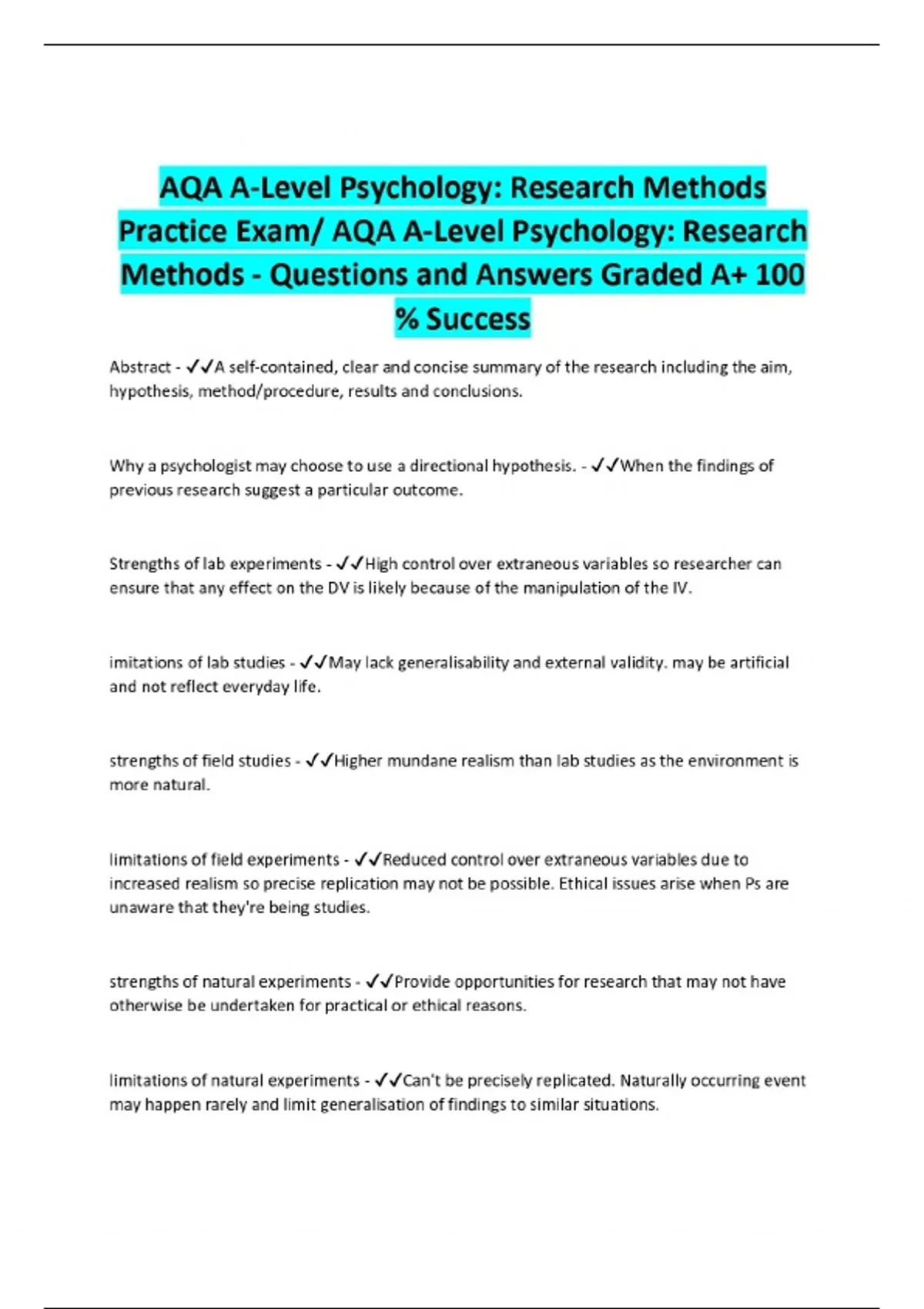 AQA A-Level Psychology: Research Methods Practice Exam/ AQA A-Level ...