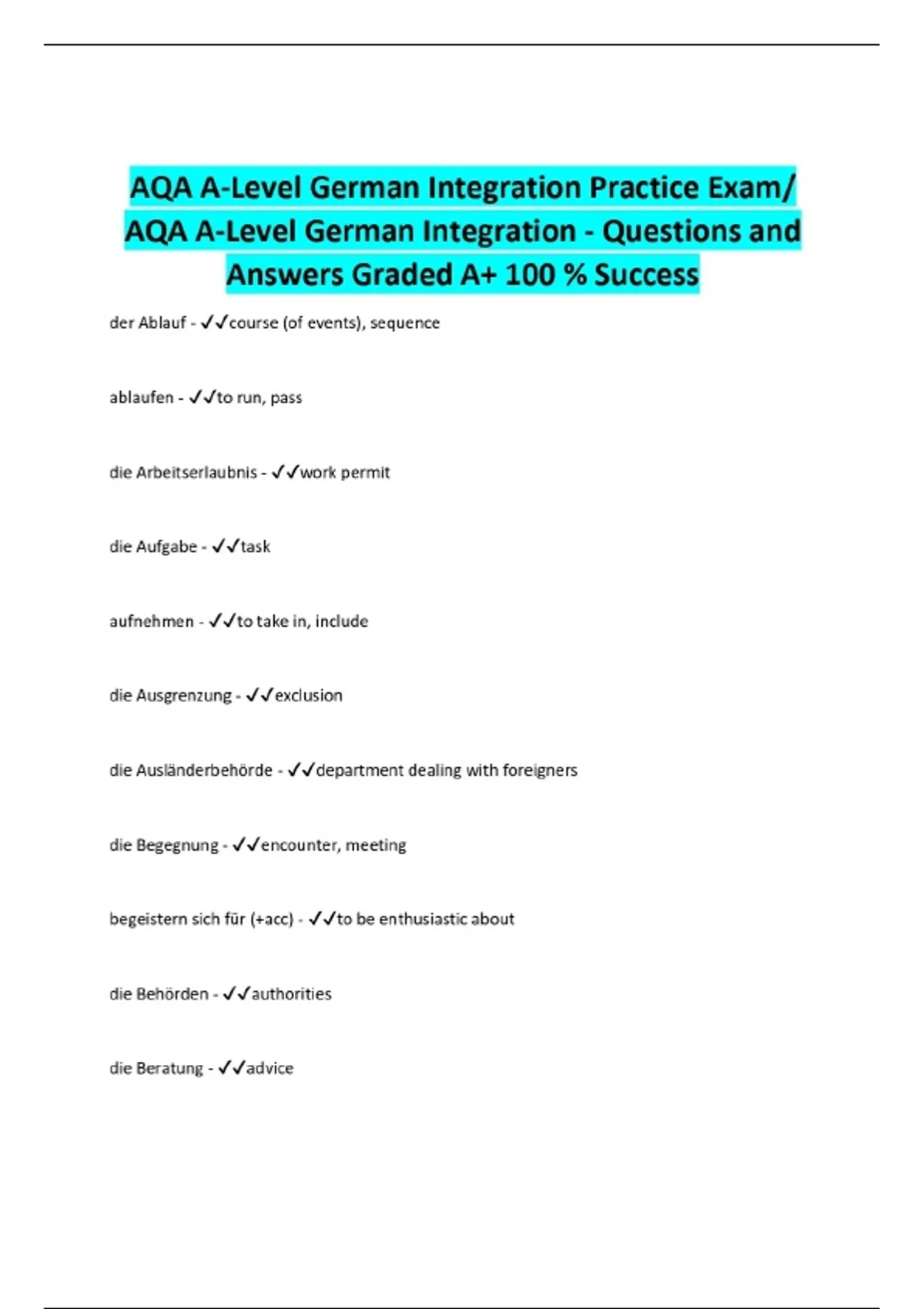 AQA A-Level German Integration Practice Exam/ AQA A-Level German ...