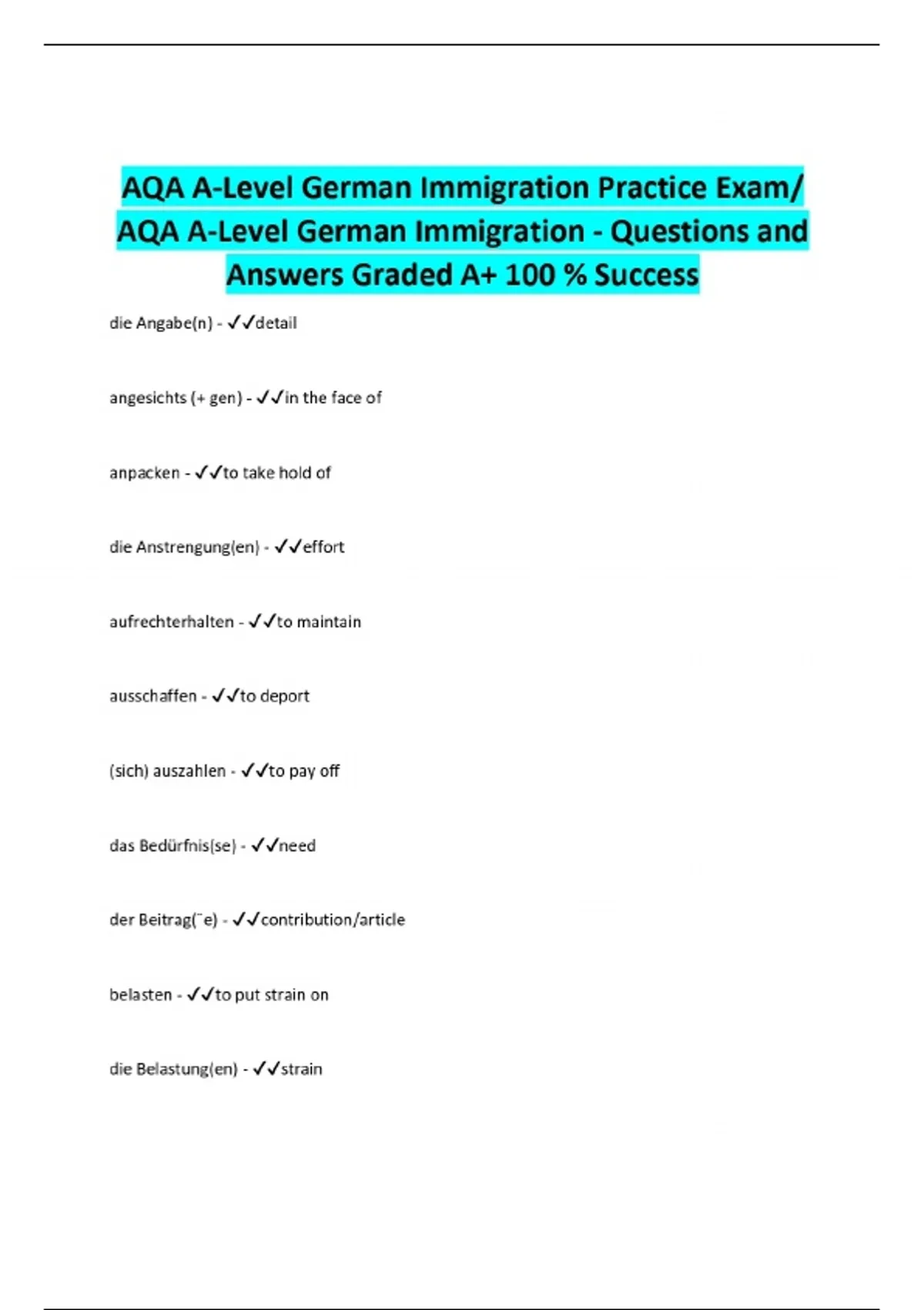 AQA A-Level German Immigration Practice Exam/ AQA A-Level German ...