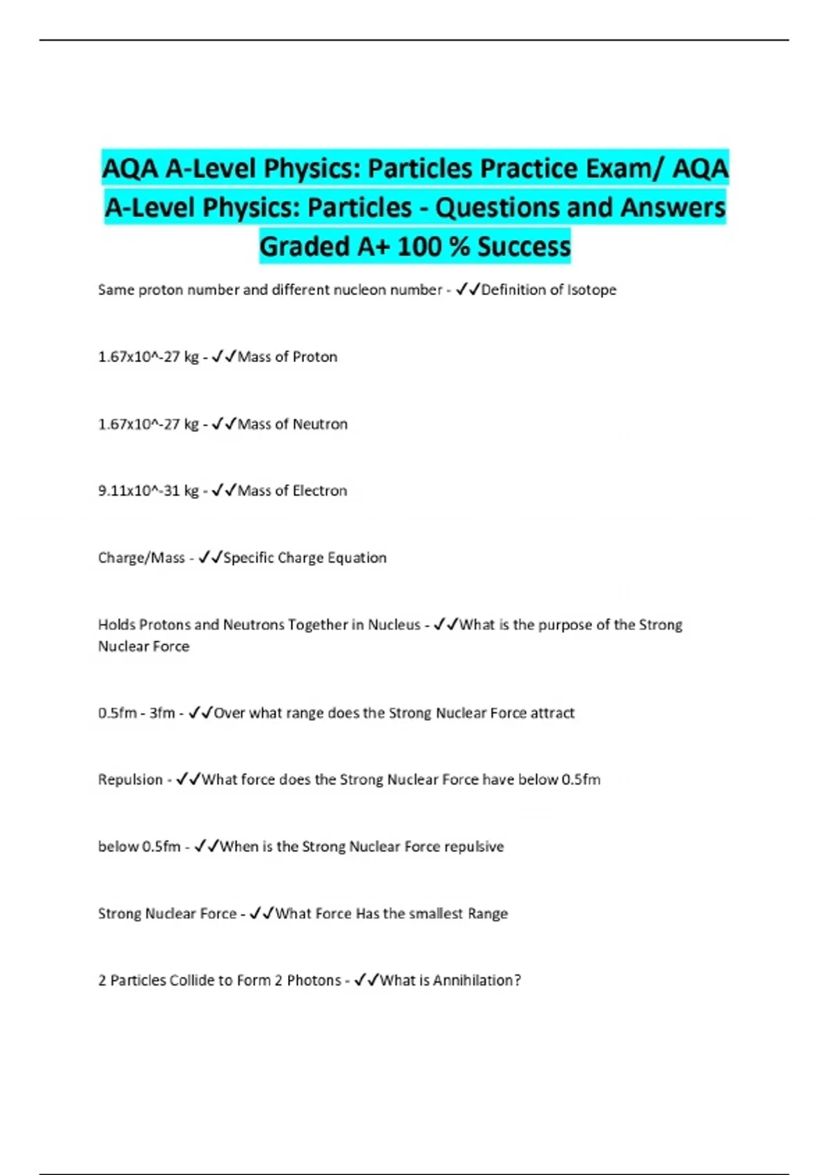 AQA A-Level Physics: Particles Practice Exam/ AQA A-Level Physics: Particles - Questions and ...