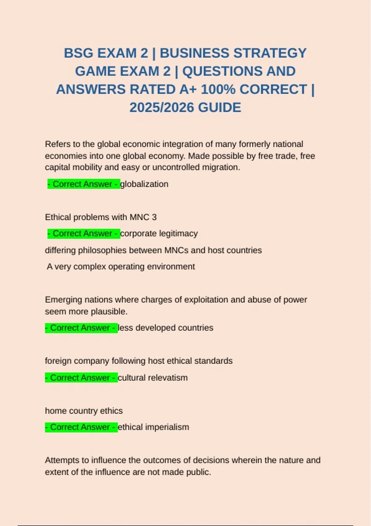 BSG EXAM 2 | BUSINESS STRATEGY GAME EXAM 2 | QUESTIONS AND ANSWERS ...