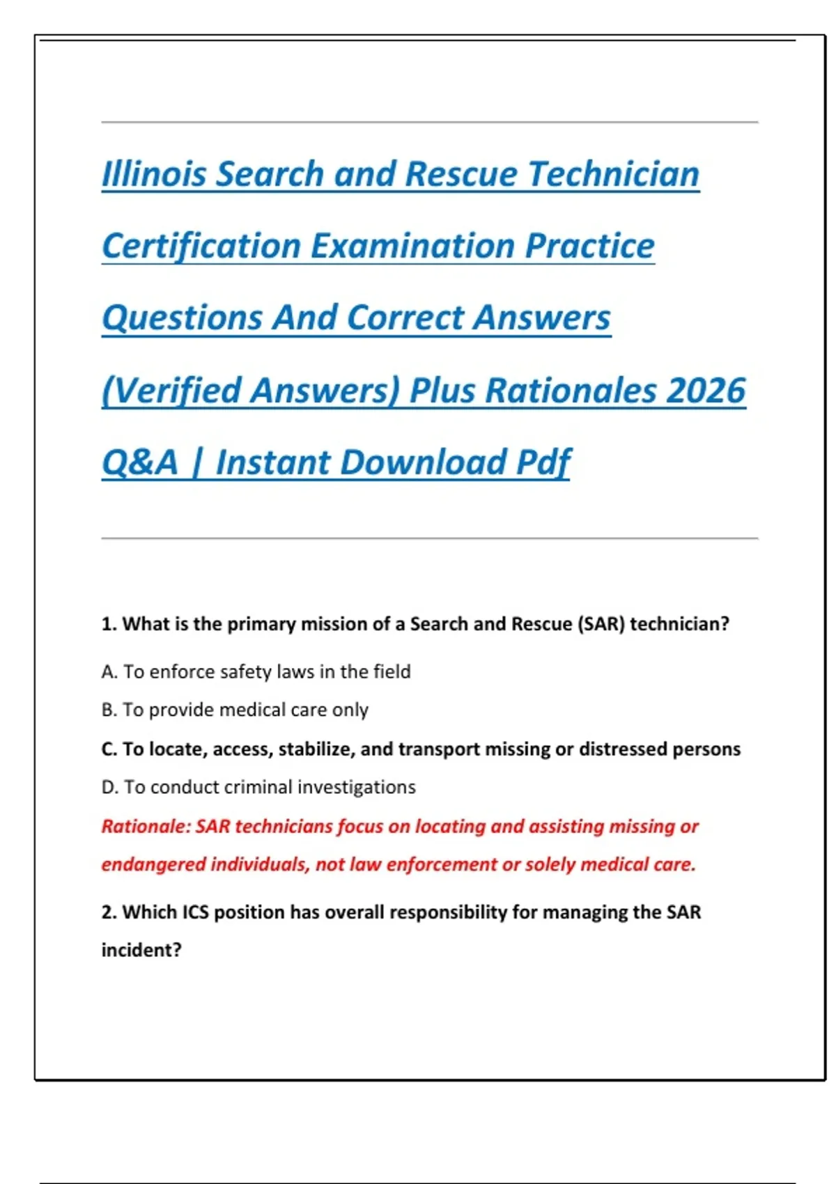 Illinois Search and Rescue Technician Certification Examination ...
