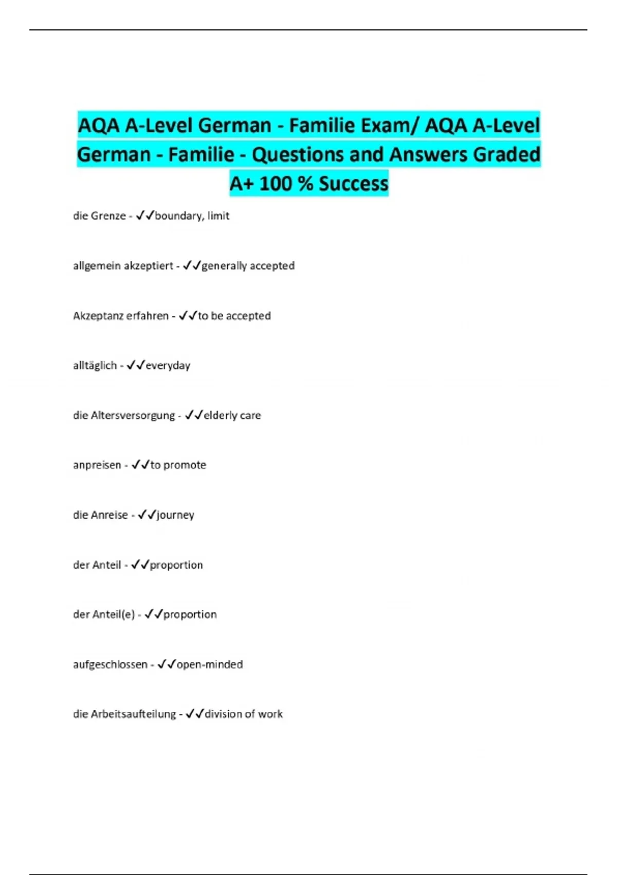AQA A-Level German - Familie Exam/ AQA A-Level German - Familie ...