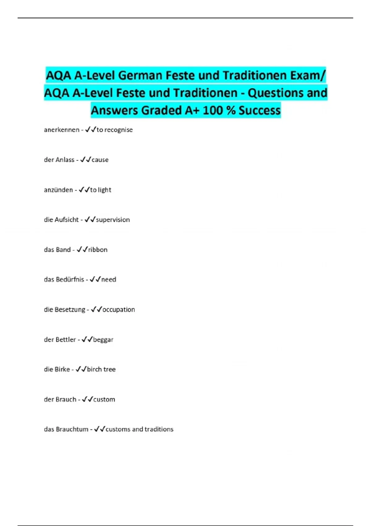 QA A-Level German Feste und Traditionen Exam/ AQA A-Level Feste und ...
