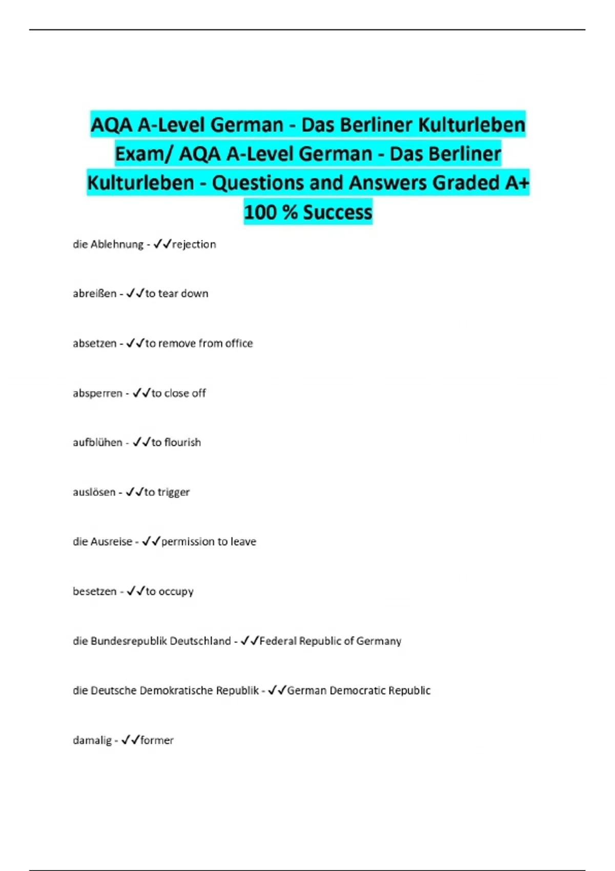 AQA A-Level German - Das Berliner Kulturleben Exam/ AQA A-Level German ...