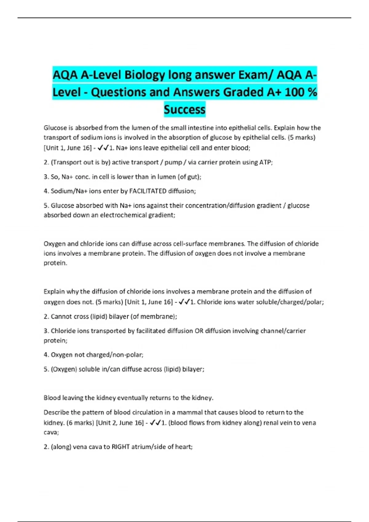 AQA A-Level Biology long answer Exam/ AQA ALevel - Questions and ...