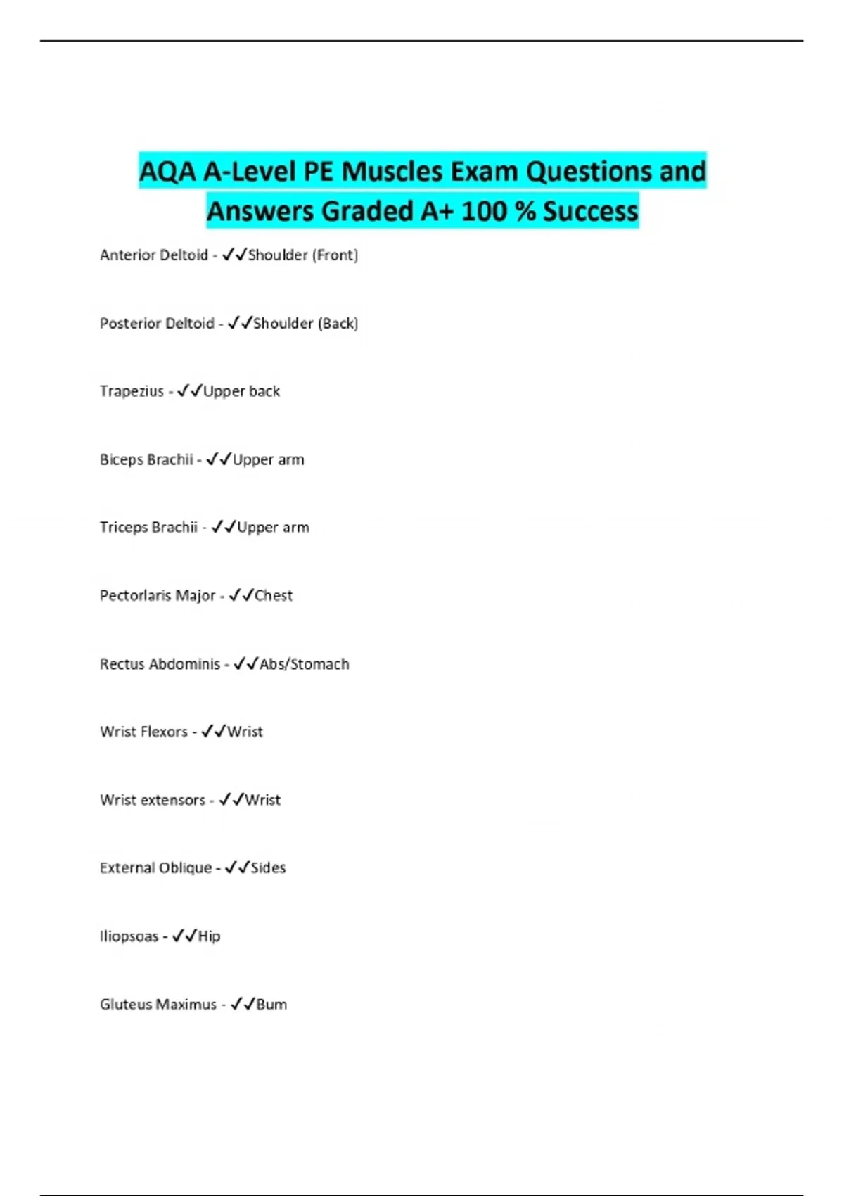 AQA A-Level PE Muscles Exam Questions and Answers Graded A+ 100 % ...