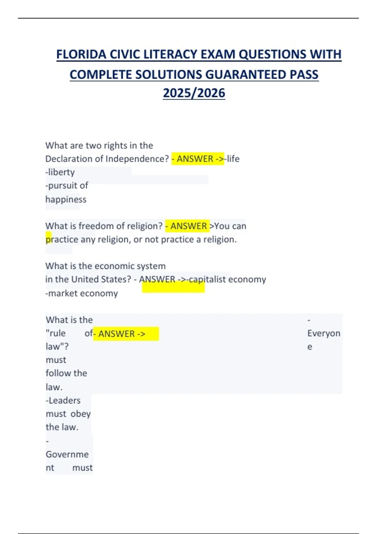 FLORIDA CIVIC LITERACY EXAM QUESTIONS WITH COMPLETE SOLUTIONS ...