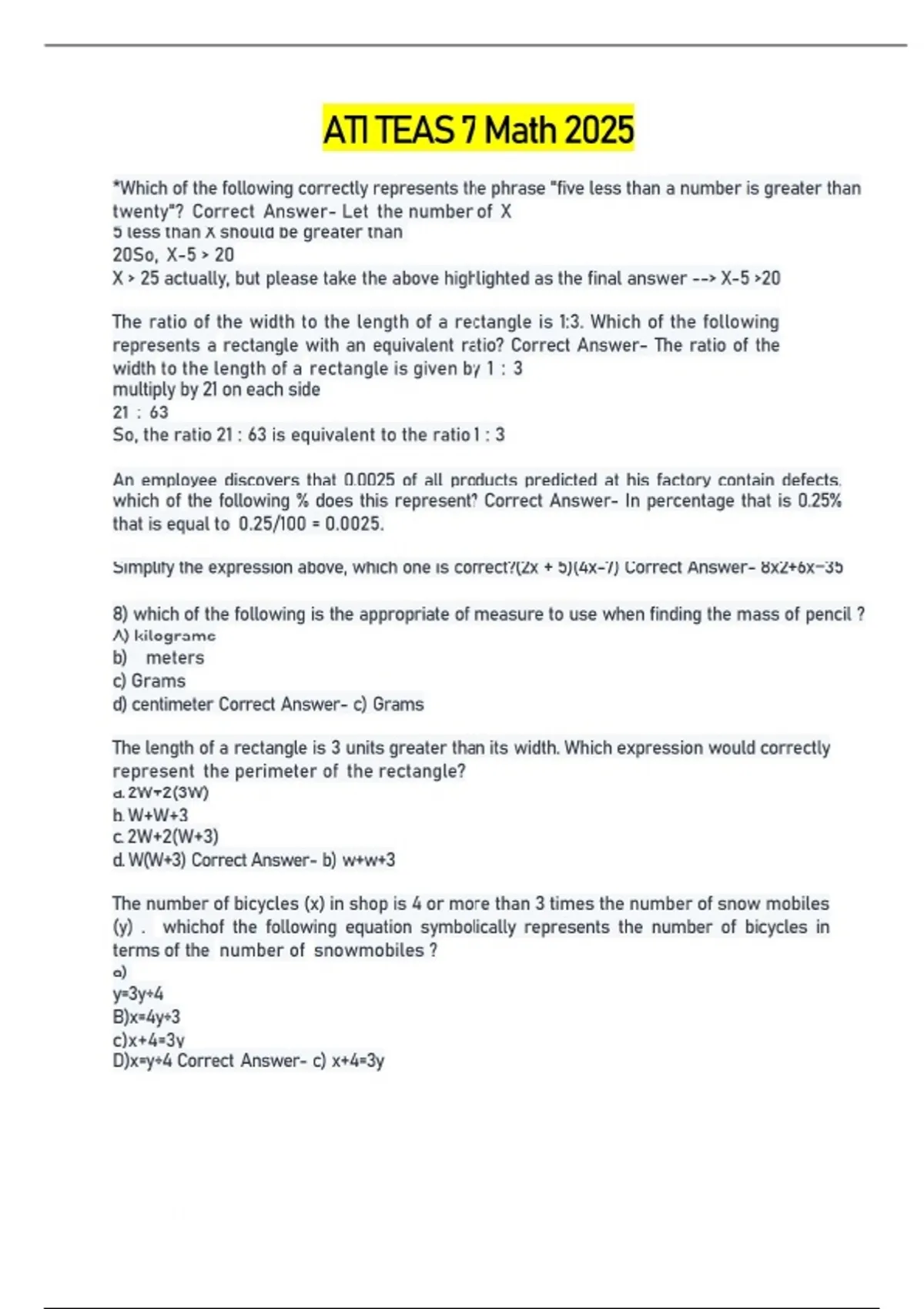 ATI TEAS 7 Math 2025 - ATI TEAS 7 - Stuvia US