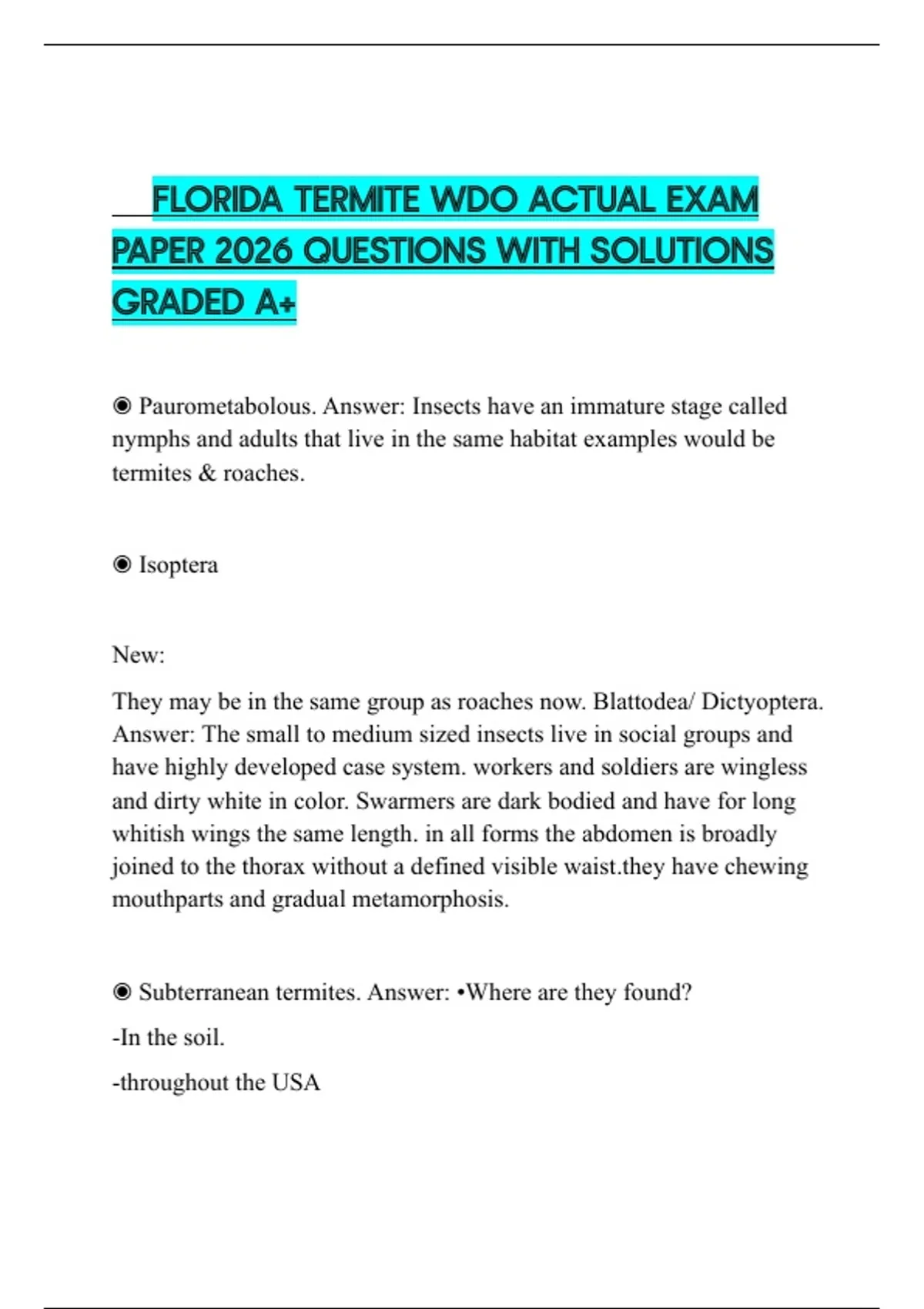 FLORIDA TERMITE WDO ACTUAL EXAM PAPER 2026 QUESTIONS WITH SOLUTIONS ...