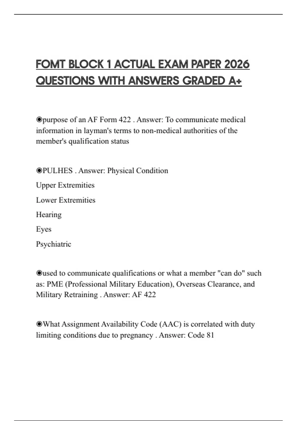 FOMT BLOCK 1 ACTUAL EXAM PAPER 2026 QUESTIONS WITH ANSWERS GRADED A+ ...