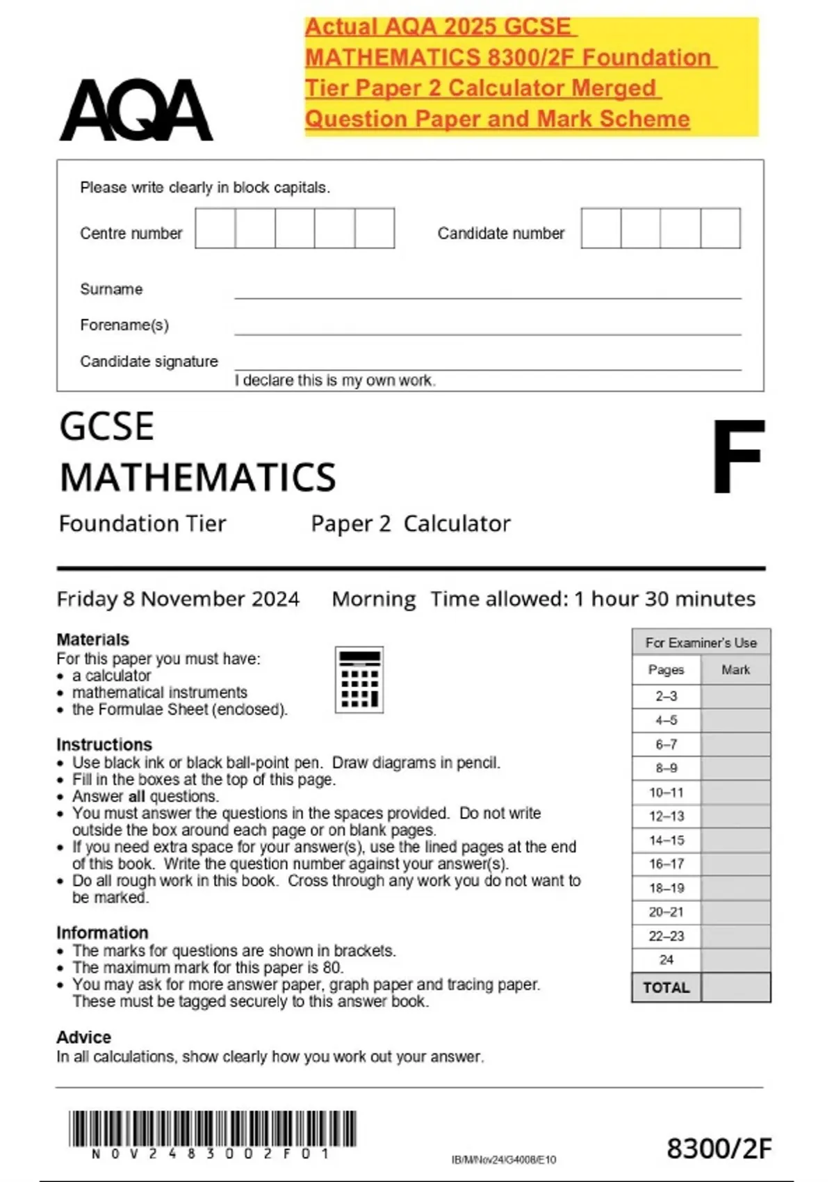 Actual AQA 2025 GCSE MATHEMATICS 8300/2F Foundation Tier Paper 2 ...