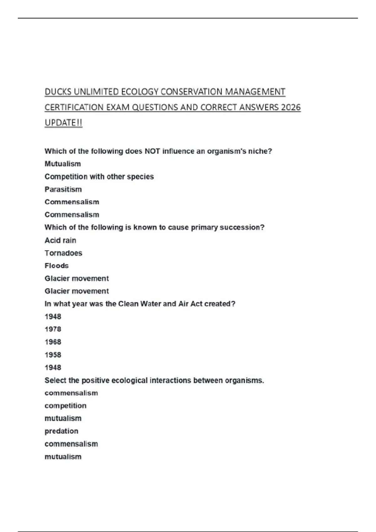 DUCKS UNLIMITED ECOLOGY CONSERVATION MANAGEMENT CERTIFICATION EXAM ...