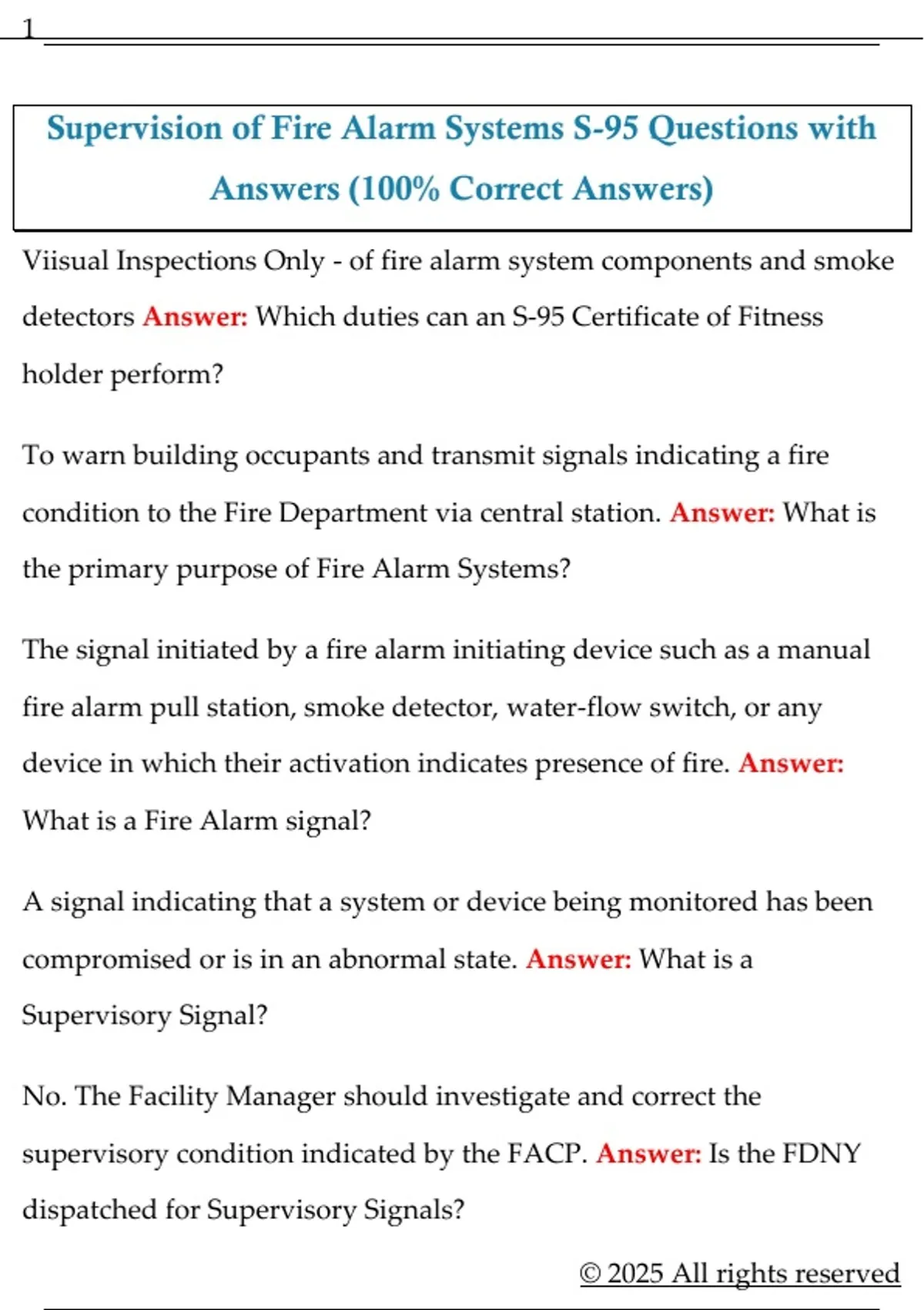 Supervision of Fire Alarm Systems S-95 Questions with Answers (100% ...