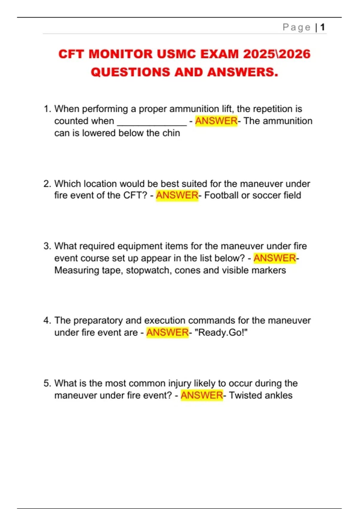 CFT MONITOR USMC EXAM QUESTIONS AND ANSWERS - CFT MONITOR USMC - Stuvia US