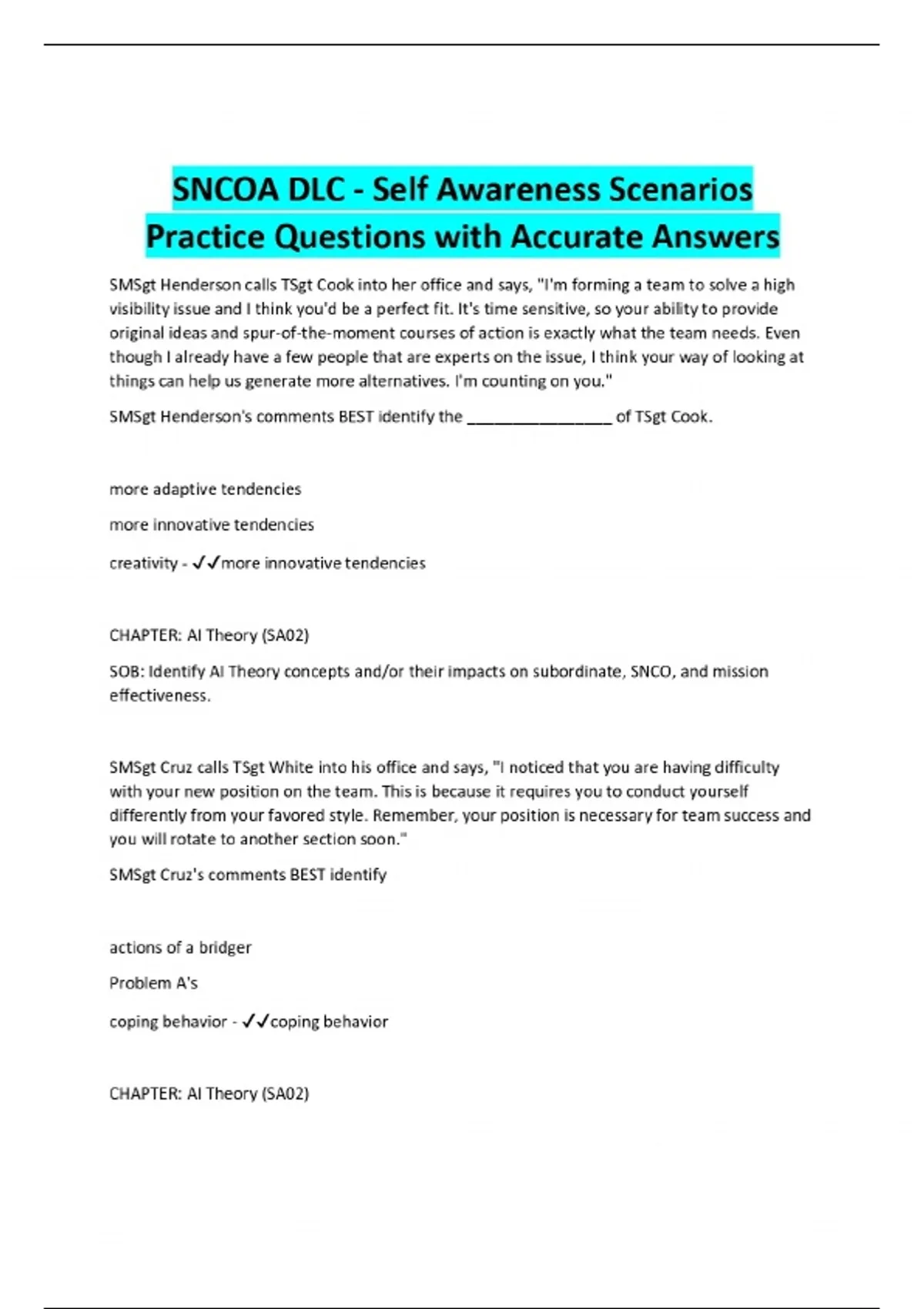 SNCOA DLC - Self Awareness Scenarios Practice Questions with Accurate ...