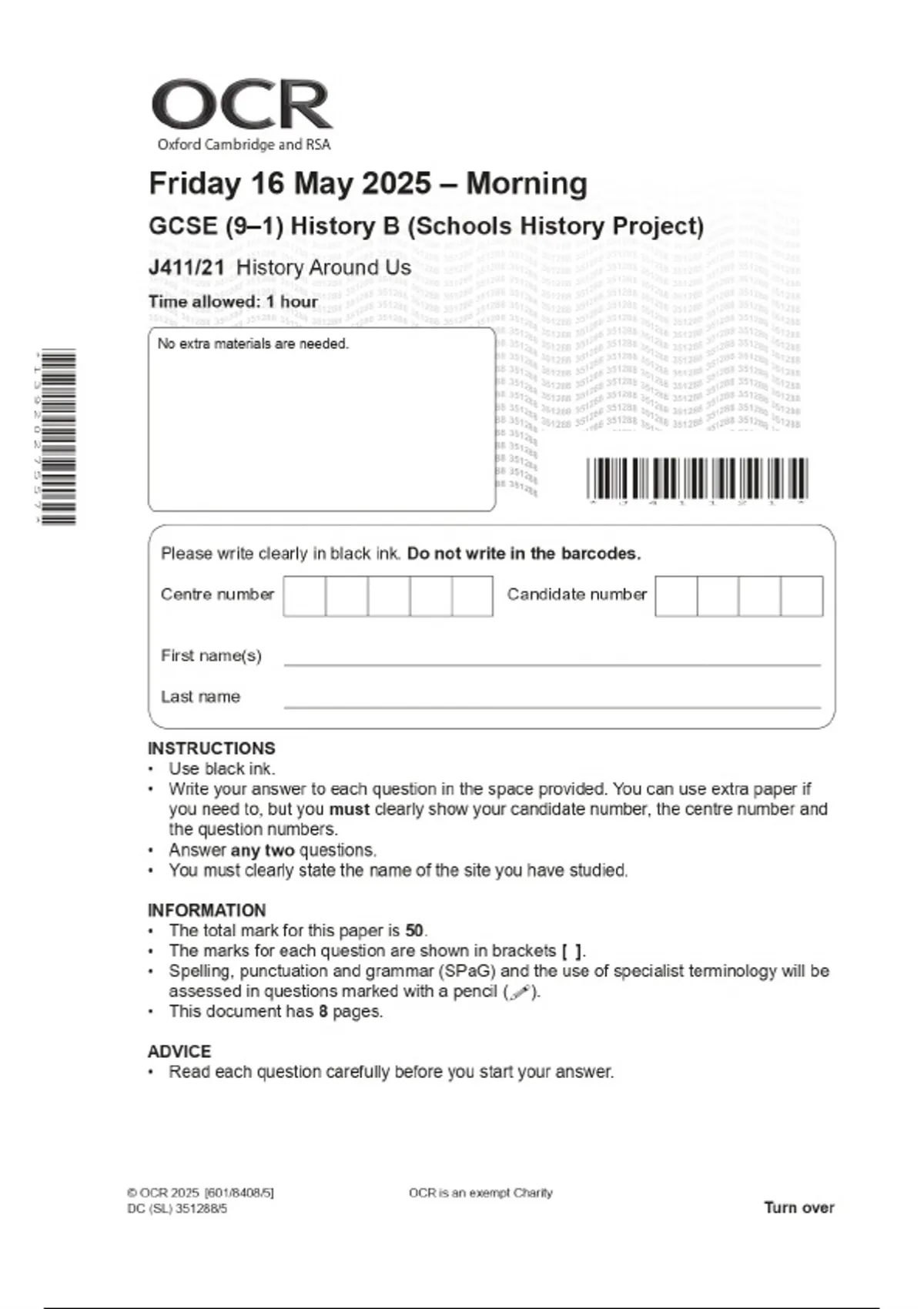 2025 OCR GCSE (9–1) History B (Schools History Project) J411/21 History Around Us Combined ...