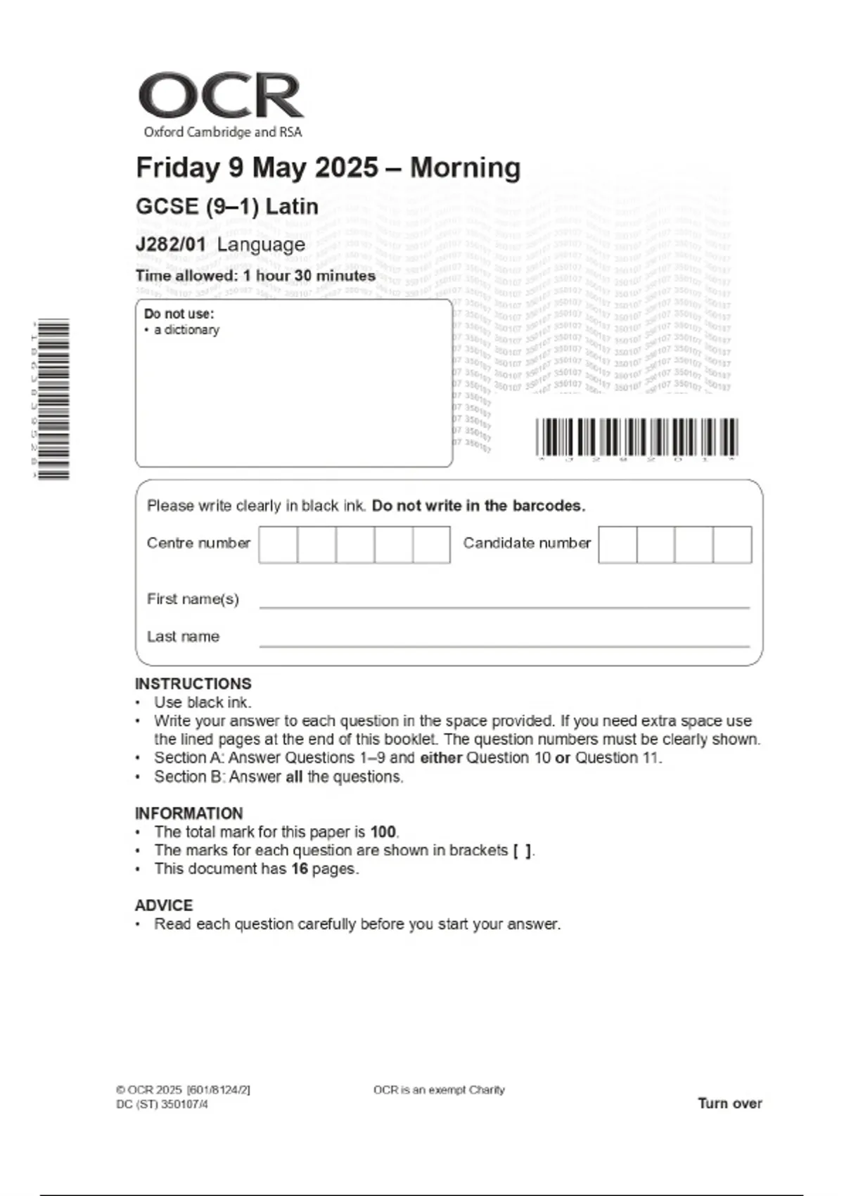 2025 OCR GCSE (9–1) Latin J282/01 Language Combined Question Paper ...
