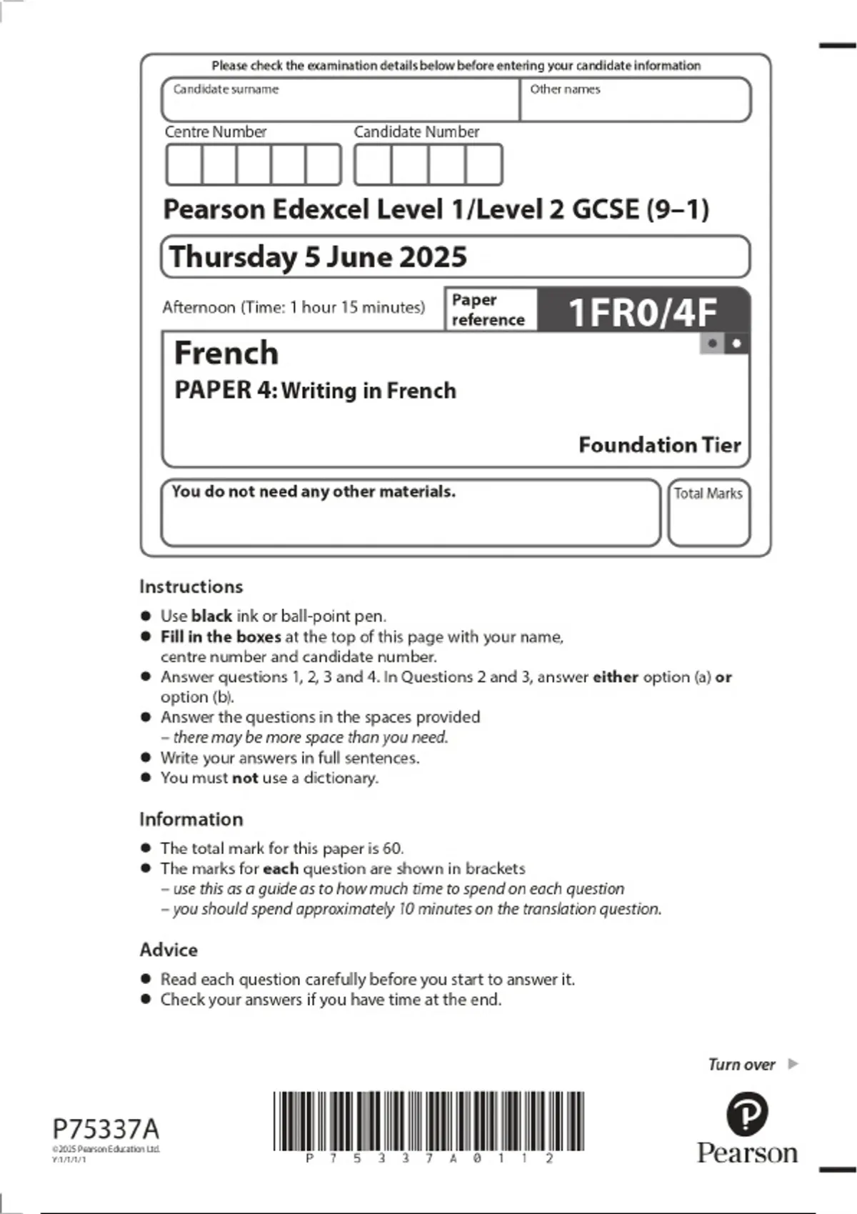 2025 Pearson Edexcel Level 1/Level 2 GCSE (9–1) French PAPER 4: Writing ...
