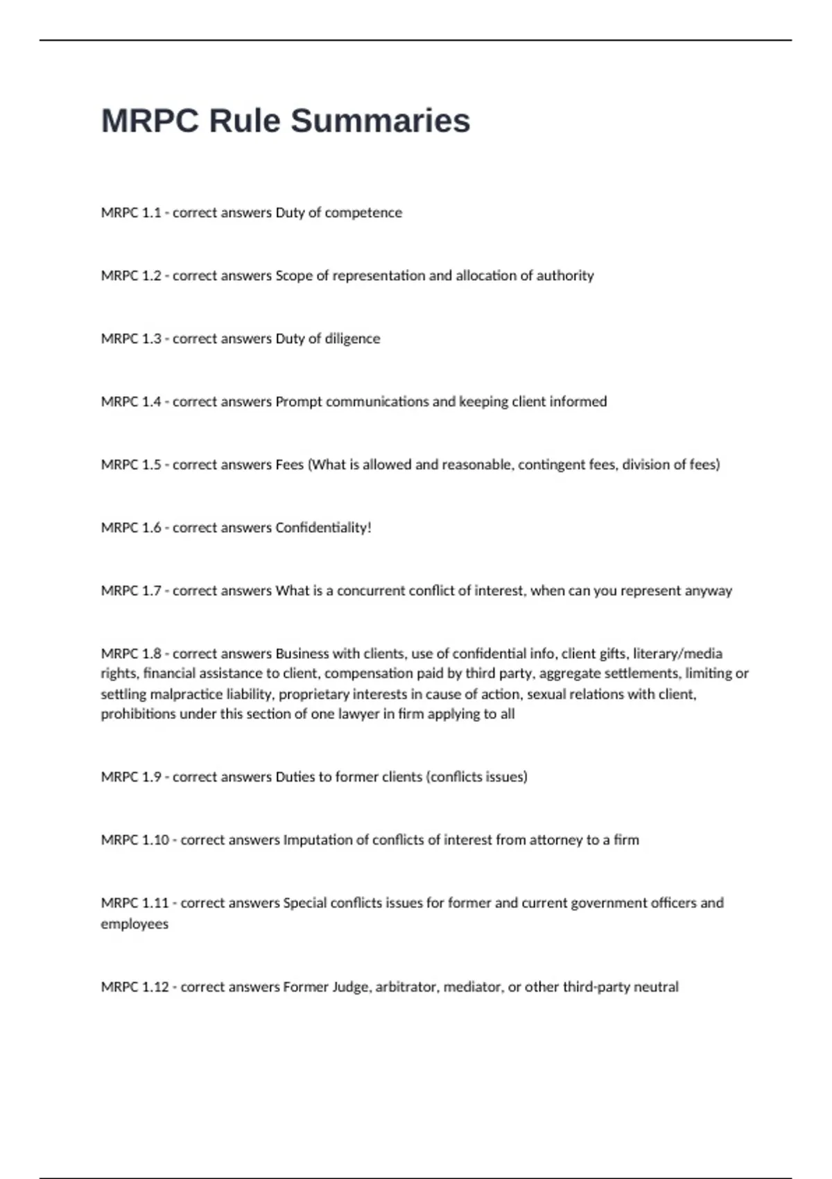 MRPC Rule Summaries Questions With All Complete Answers And Verified ...