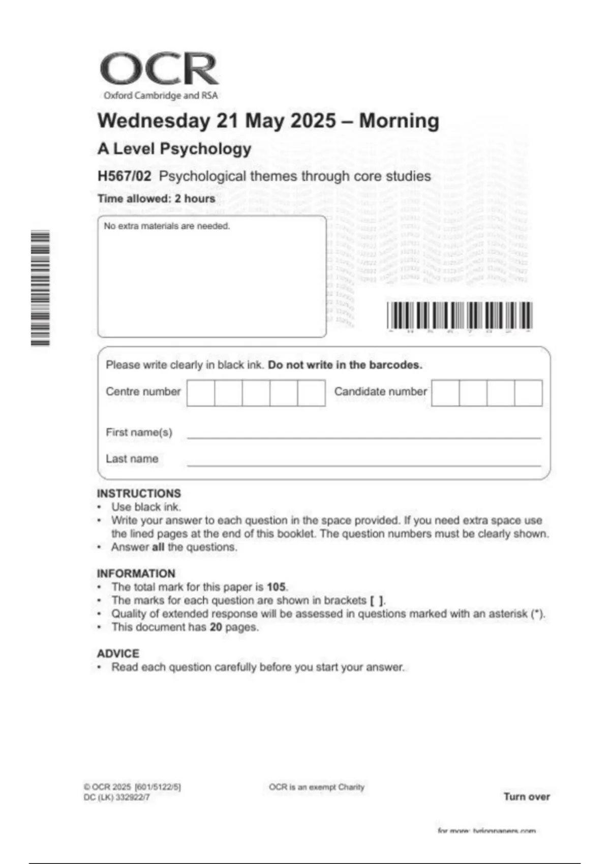 2025 OCR A Level Psychology paper 2| H567_02| June 2025 Question paper ...