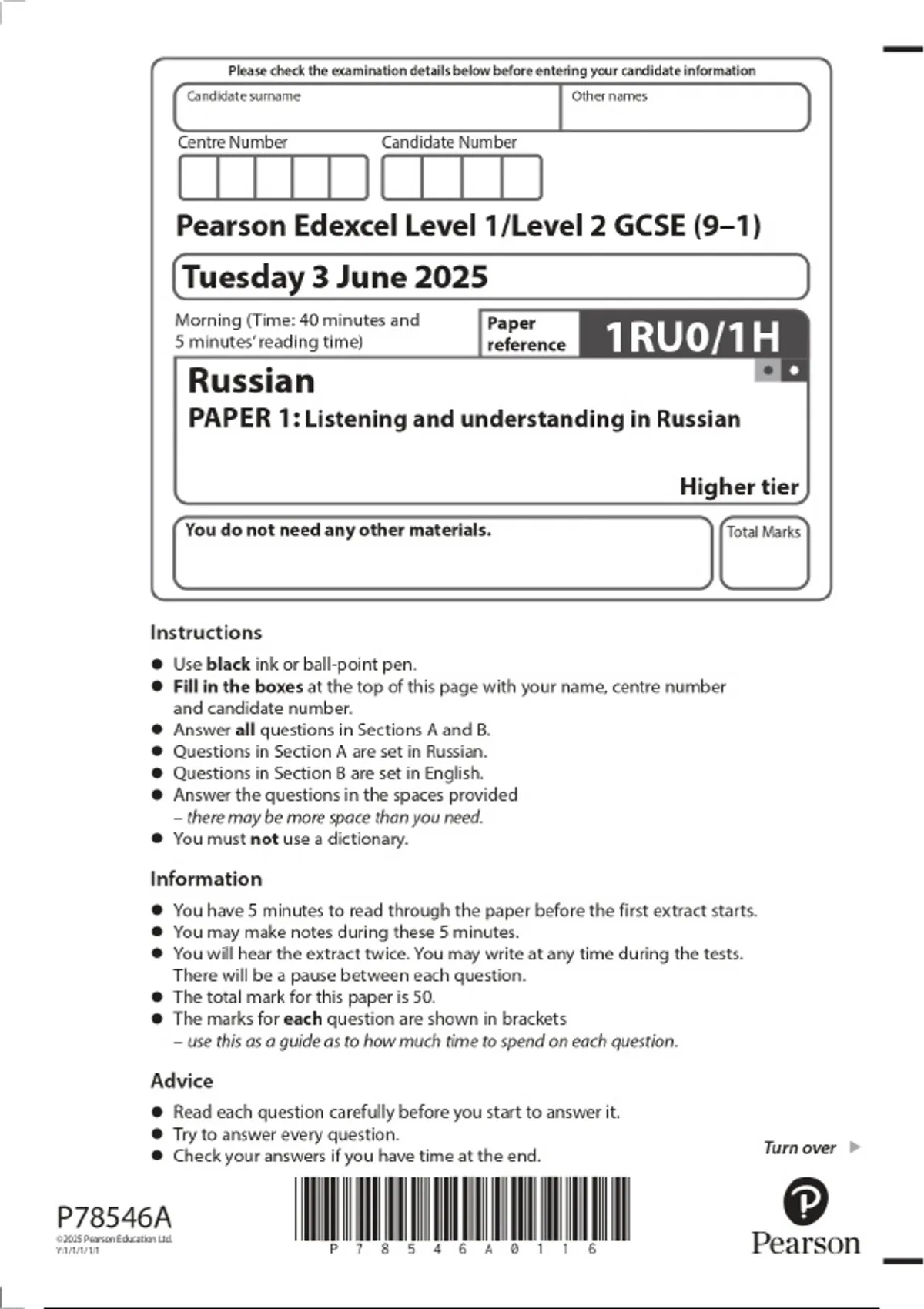 2025 Pearson Edexcel Level 1/Level 2 GCSE (9–1) Russian PAPER 1 ...