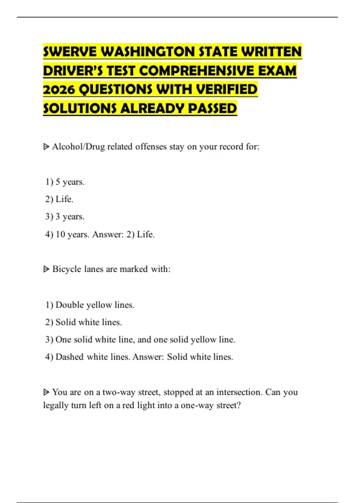 SWERVE WASHINGTON STATE WRITTEN DRIVER’S TEST COMPREHENSIVE EXAM 2026 ...