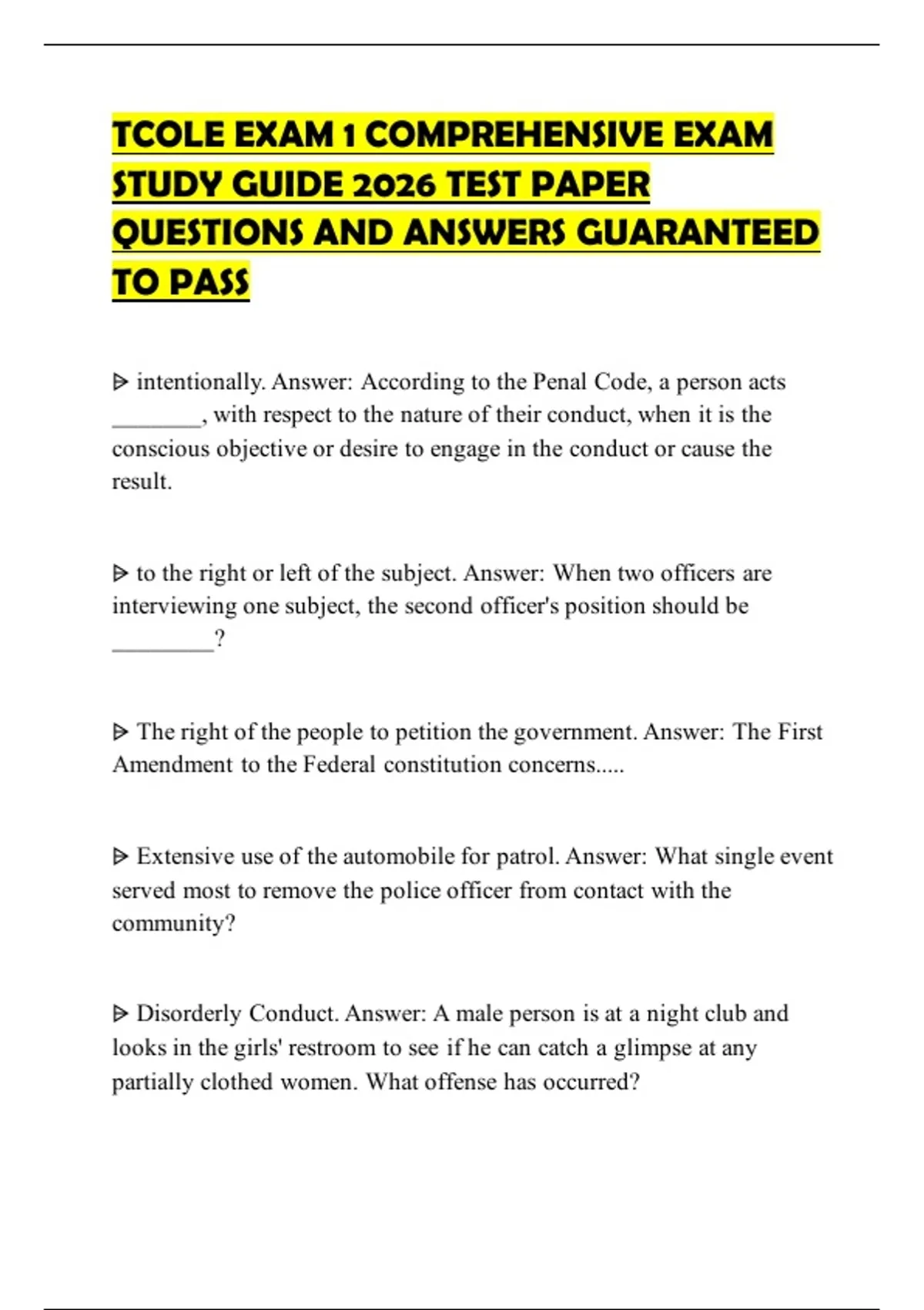 TCOLE EXAM 1 COMPREHENSIVE EXAM STUDY GUIDE 2026 TEST PAPER QUESTIONS ...