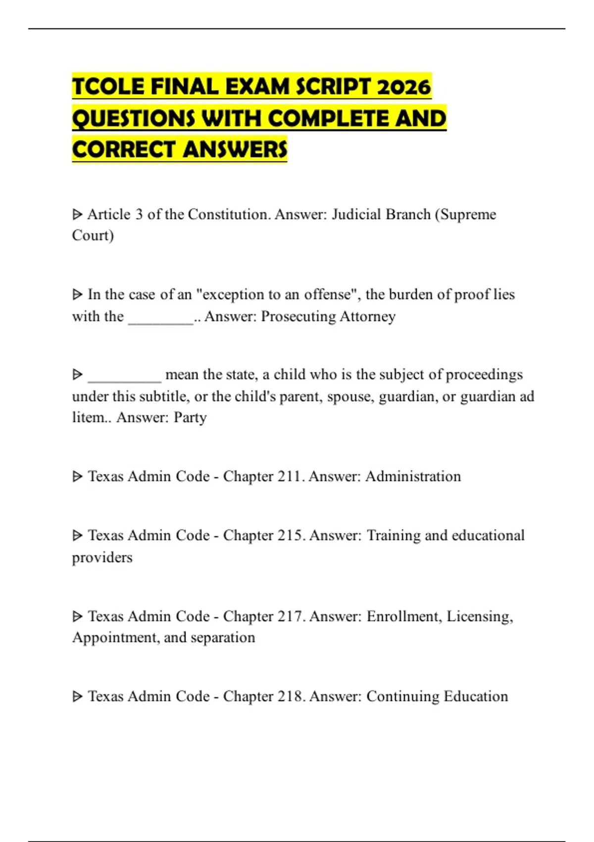 TCOLE FINAL EXAM SCRIPT 2026 QUESTIONS WITH COMPLETE AND CORRECT ...