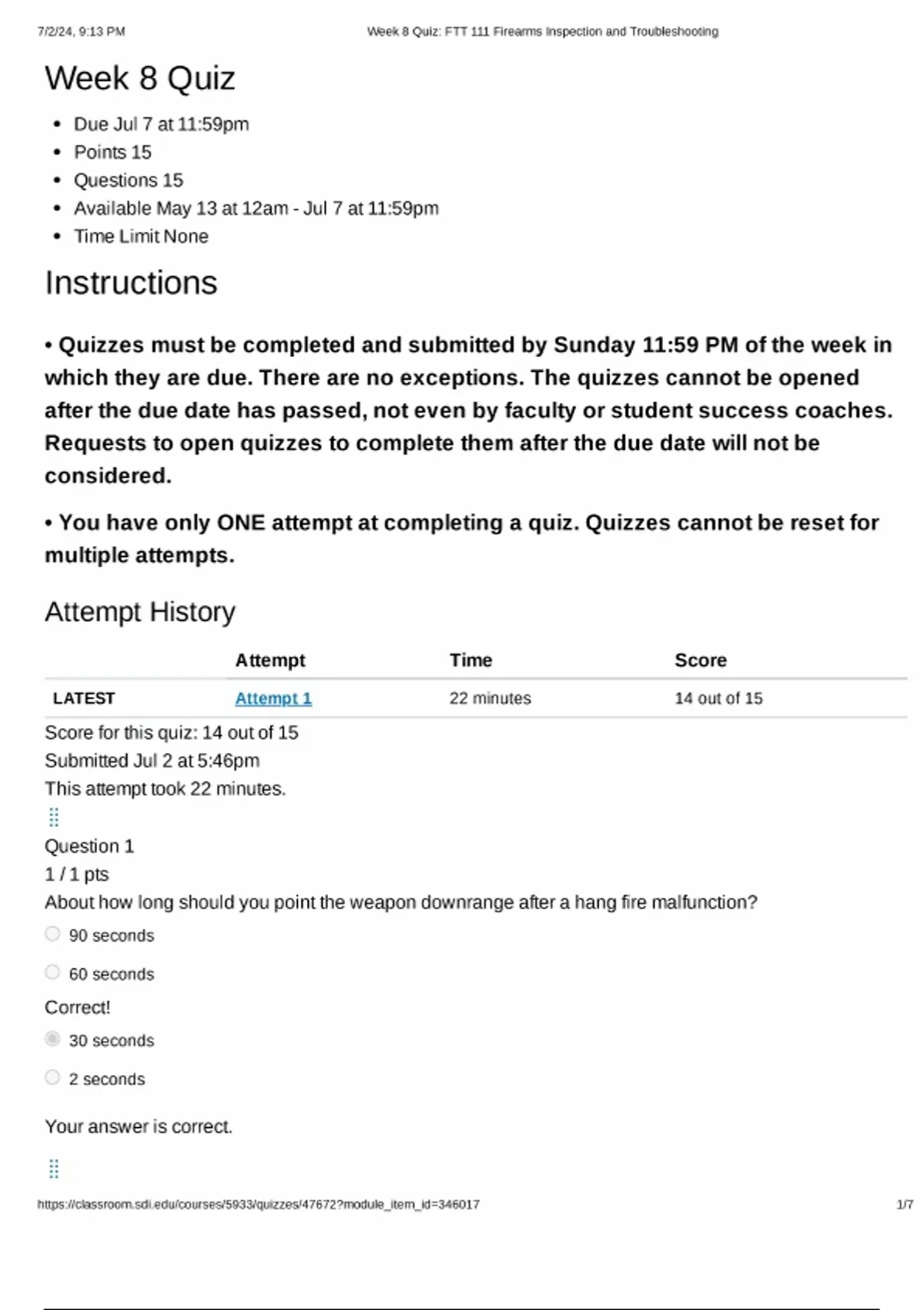 Week 8 Quiz: FTT 111/ Firearms Inspection and Troubleshooting (Answered ...