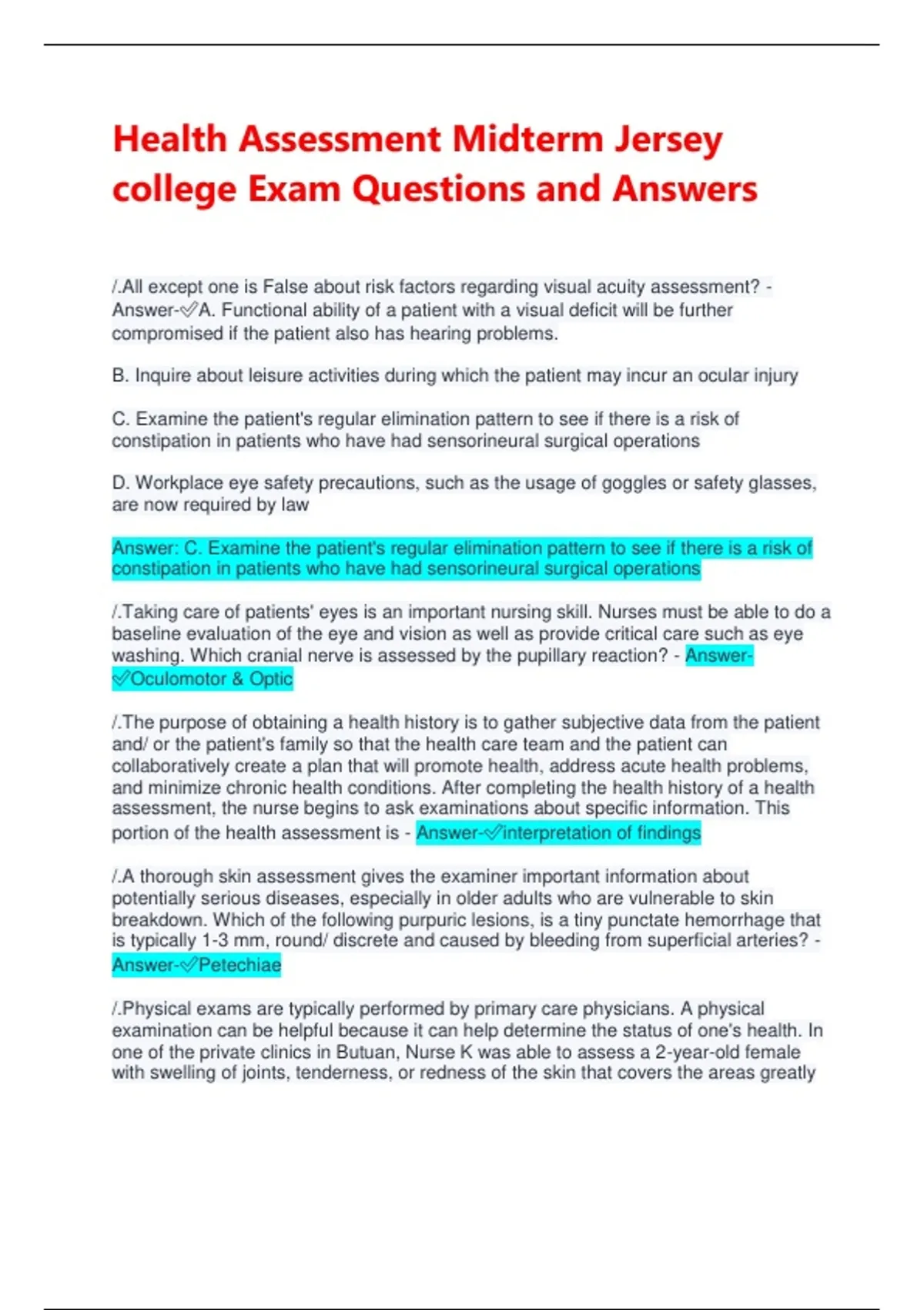 Health Assessment Midterm Jersey college Exam Questions and Answers ...
