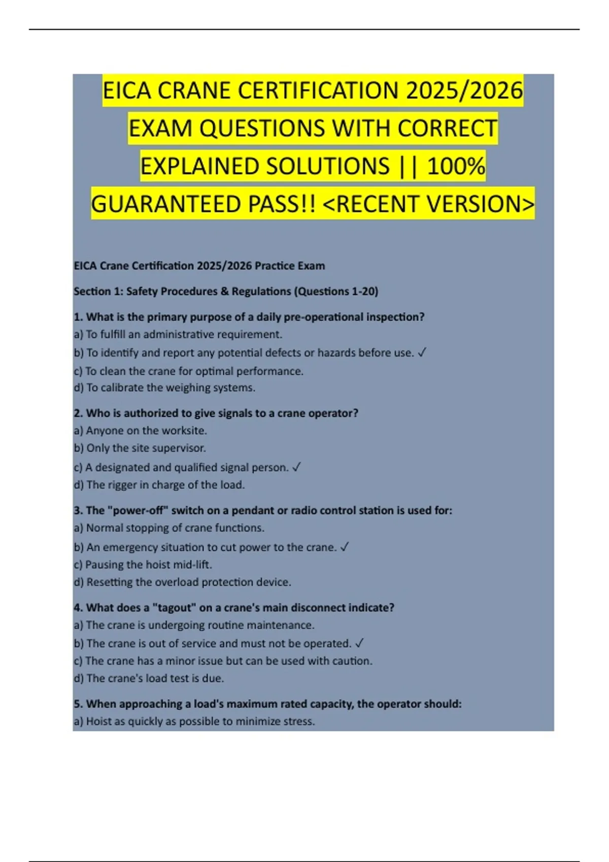 EICA CRANE CERTIFICATION 2025/2026 EXAM QUESTIONS WITH CORRECT ...