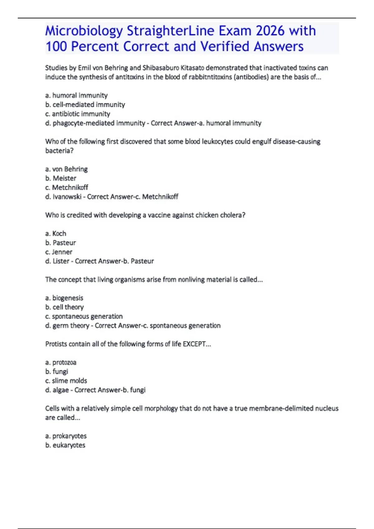 Microbiology StraighterLine Exam 2026 with 100 Percent Correct and ...
