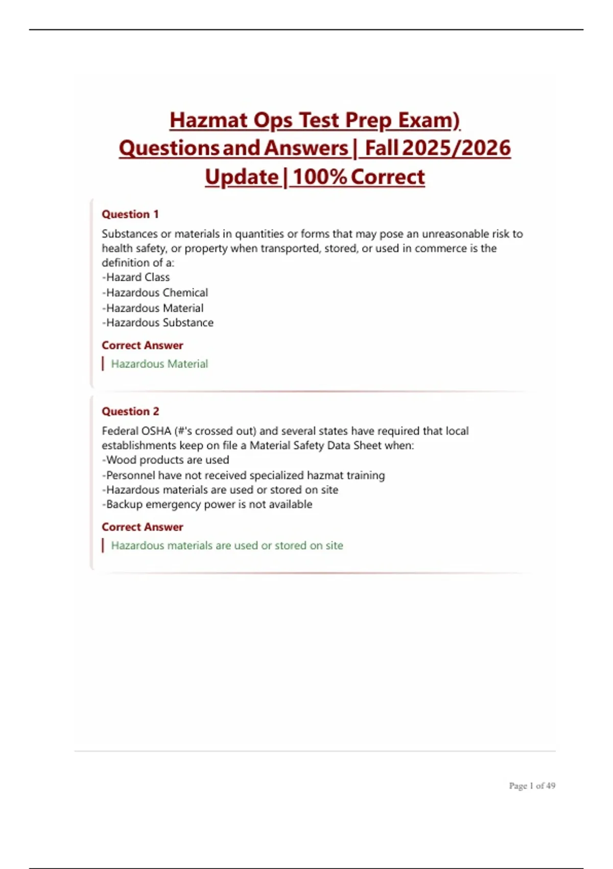 Hazmat Ops Test Prep Exam) Questions and Answers Fall Update - Hazmat ...