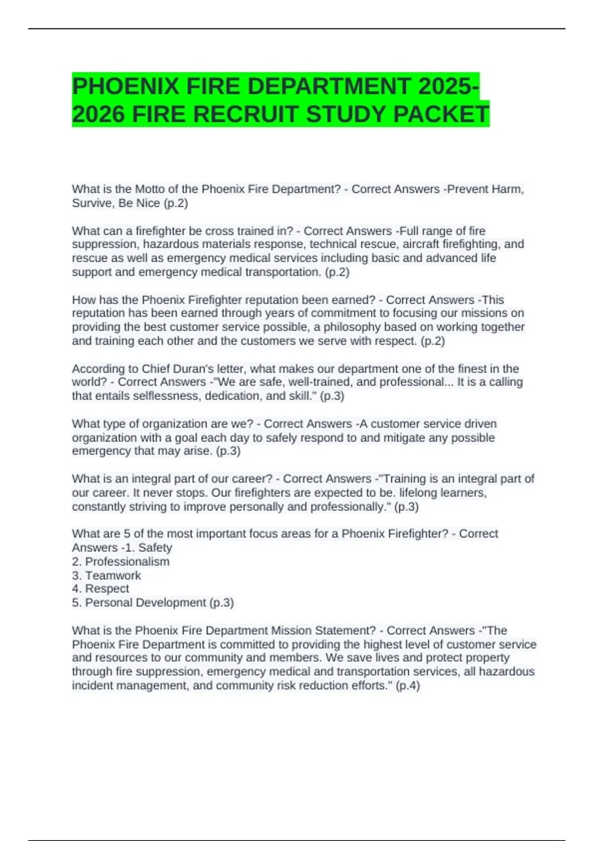 PHOENIX FIRE DEPARTMENT FIRE RECRUIT STUDY PACKET QUESTIONS AND ANSWERS ...