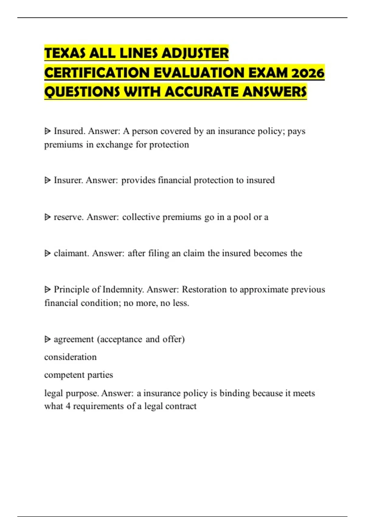 TEXAS ALL LINES ADJUSTER CERTIFICATION EVALUATION EXAM 2026 QUESTIONS ...